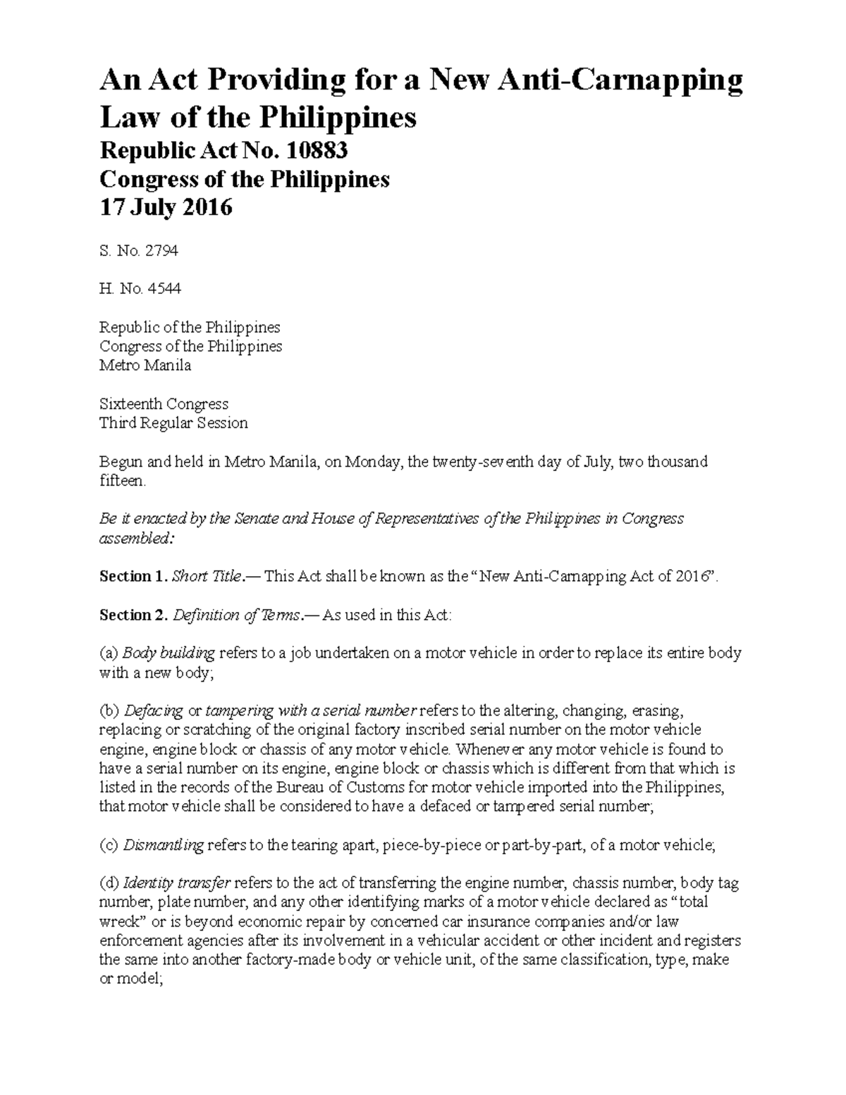 Carnapping - notes - An Act Providing for a New Anti-Carnapping Law of ...