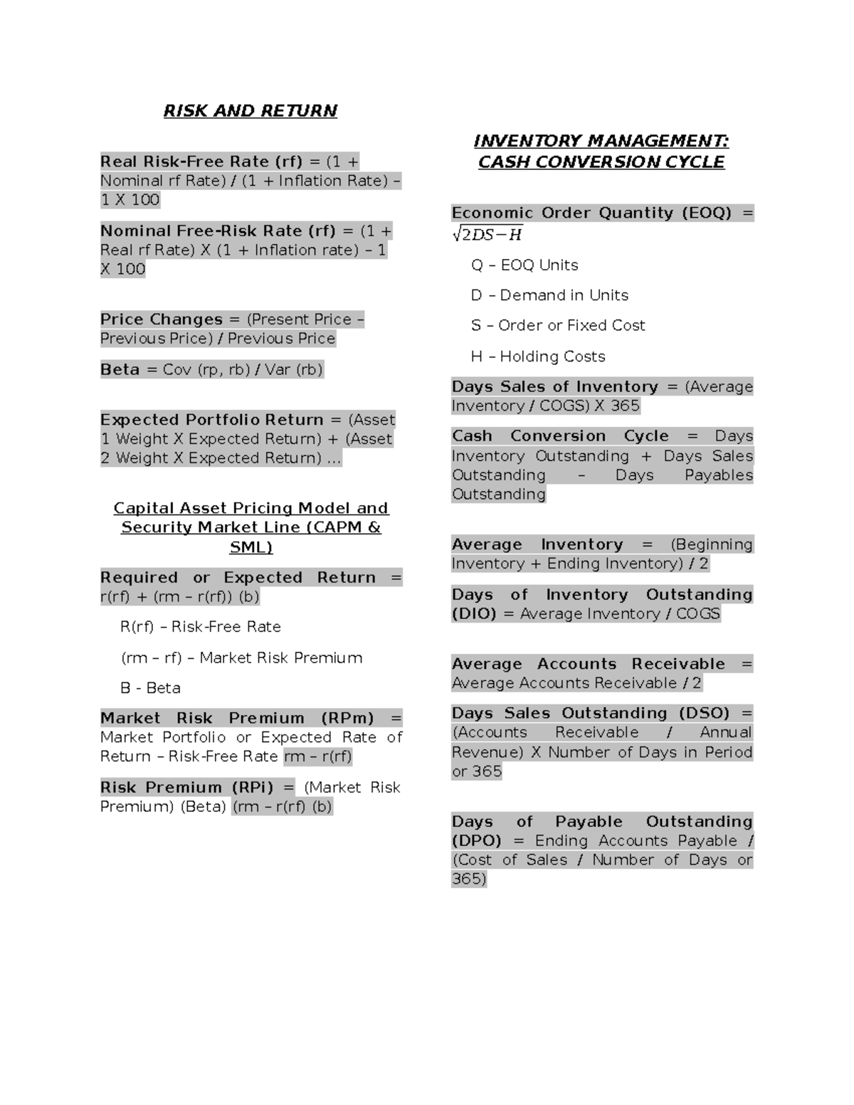 Finman 1 - Formulas - RISK AND RETURN Real Risk-Free Rate (rf) = (1 ...