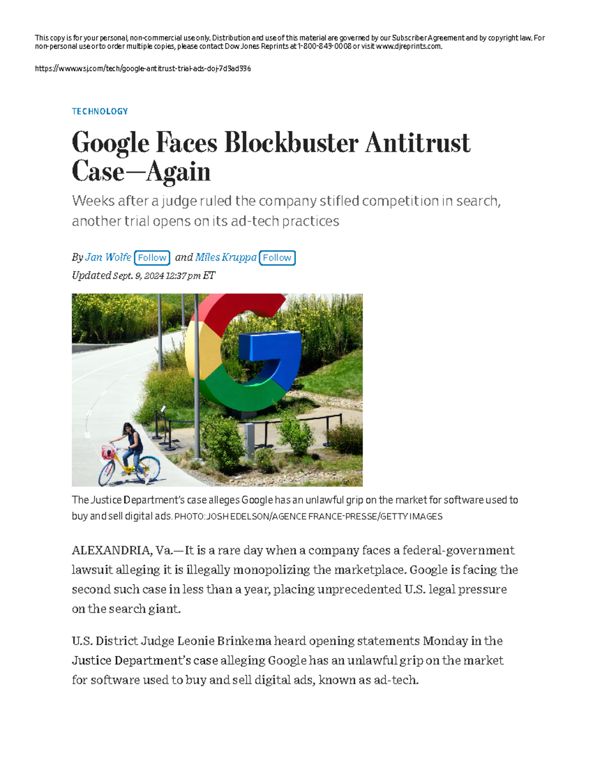 Google Faces Blockbuster Antitrust Case—Again - WSJ - This copy is for ...