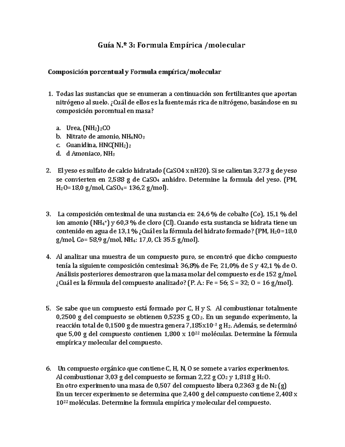 Guía N°3 - Formula Empirica y Molecular - Guía N.º 3: Formula Empírica ...