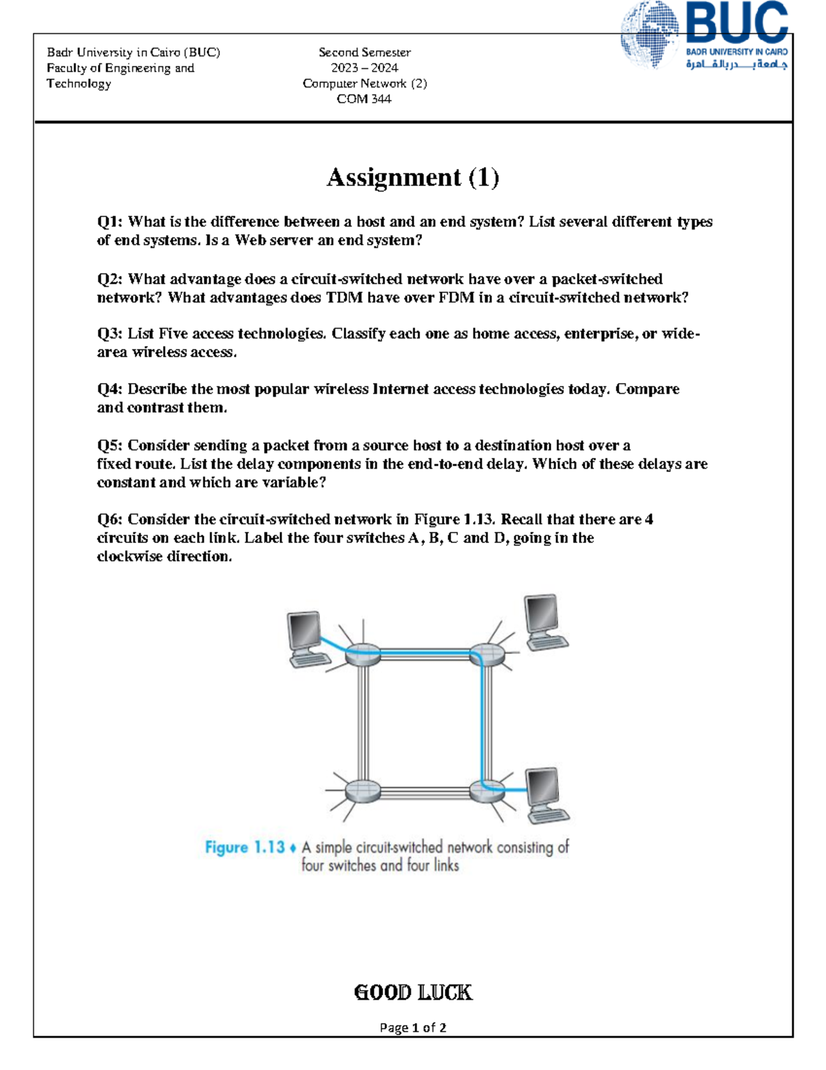 Assignment 1 - lec2 - Badr University in Cairo (BUC) Faculty of ...