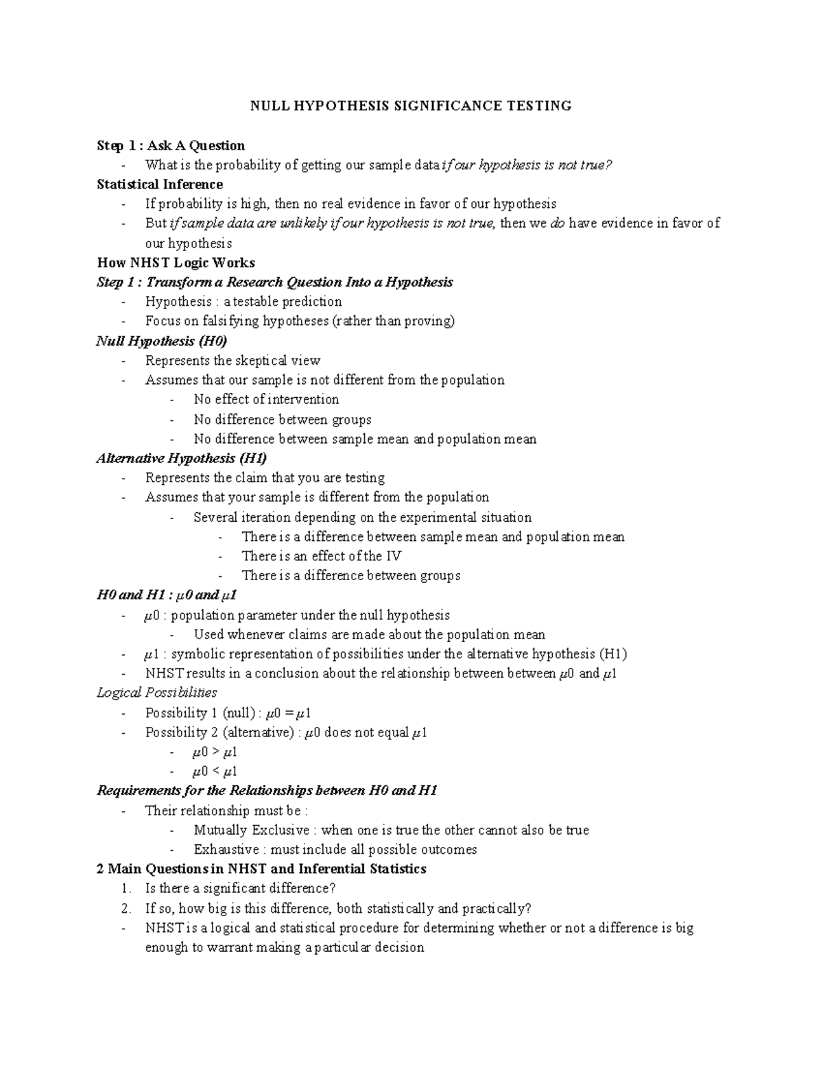 Psych 240 Unit 5 Lecture Notes - NULL HYPOTHESIS SIGNIFICANCE TESTING ...