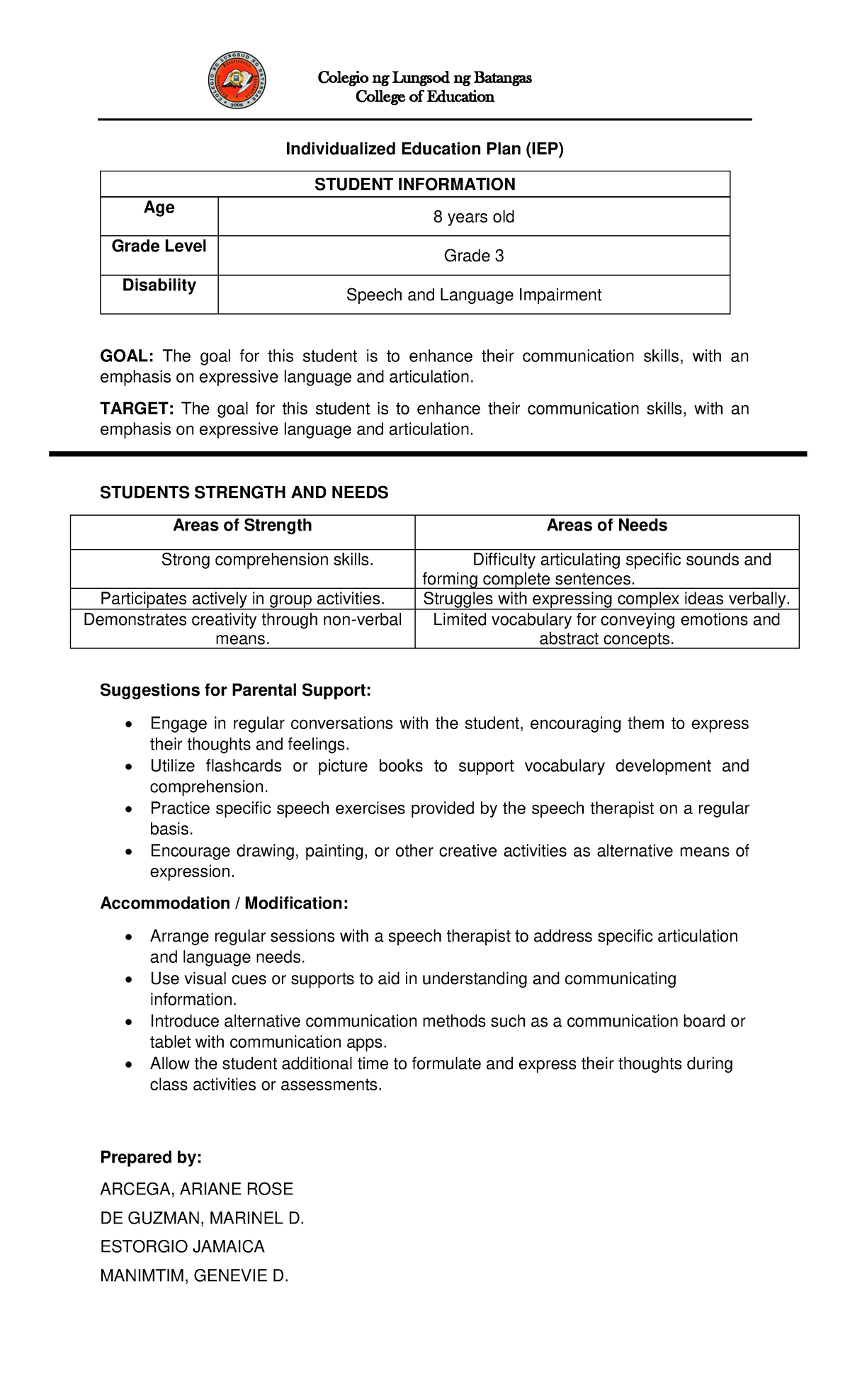 IEP Group 4 - XFB UJB NC - Colegio ng Lungsod ng Batangas College of ...