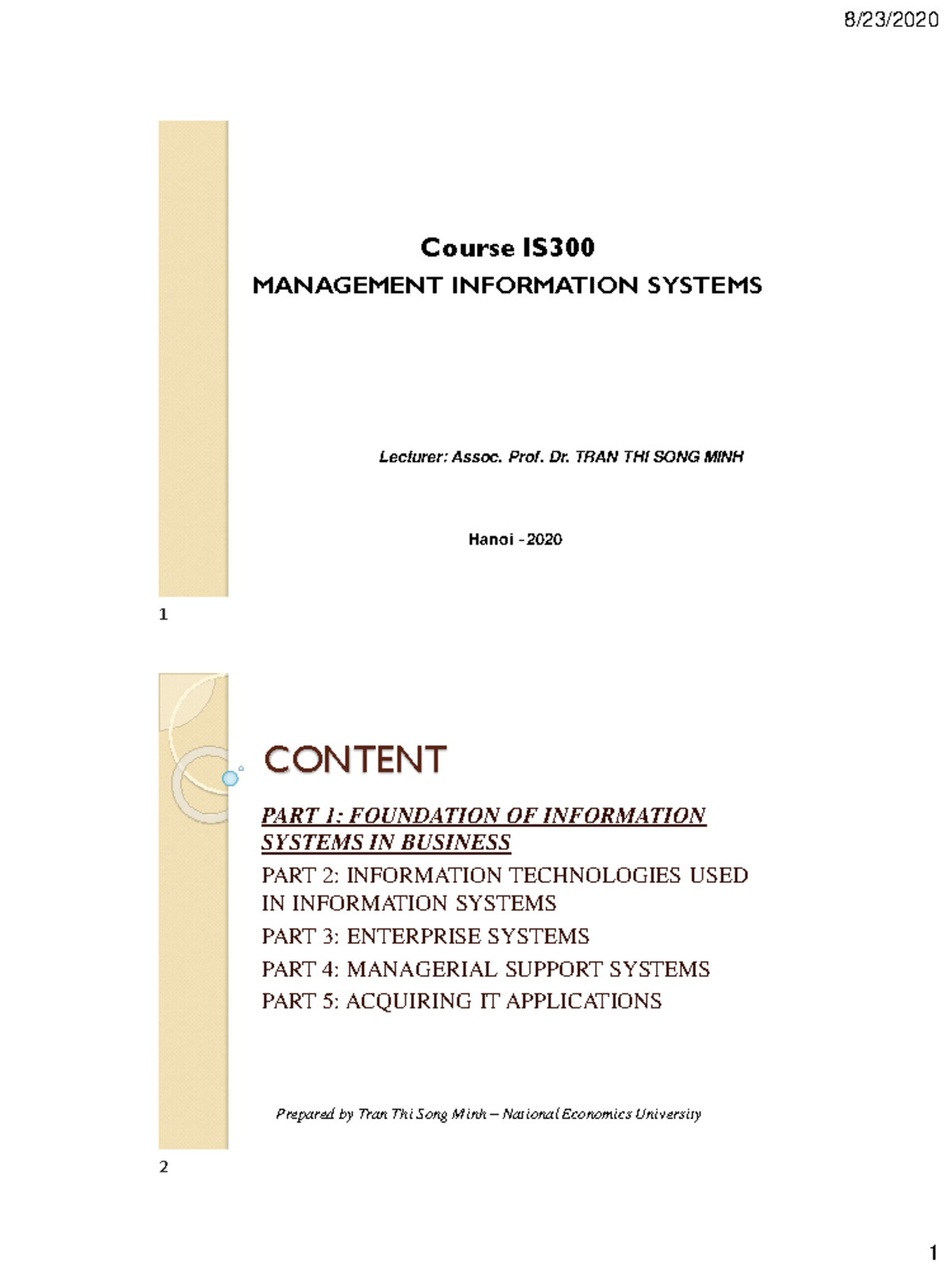 Part 1 5 MIS Lecture Notes - ####### Course IS MANAGEMENT INFORMATION ...