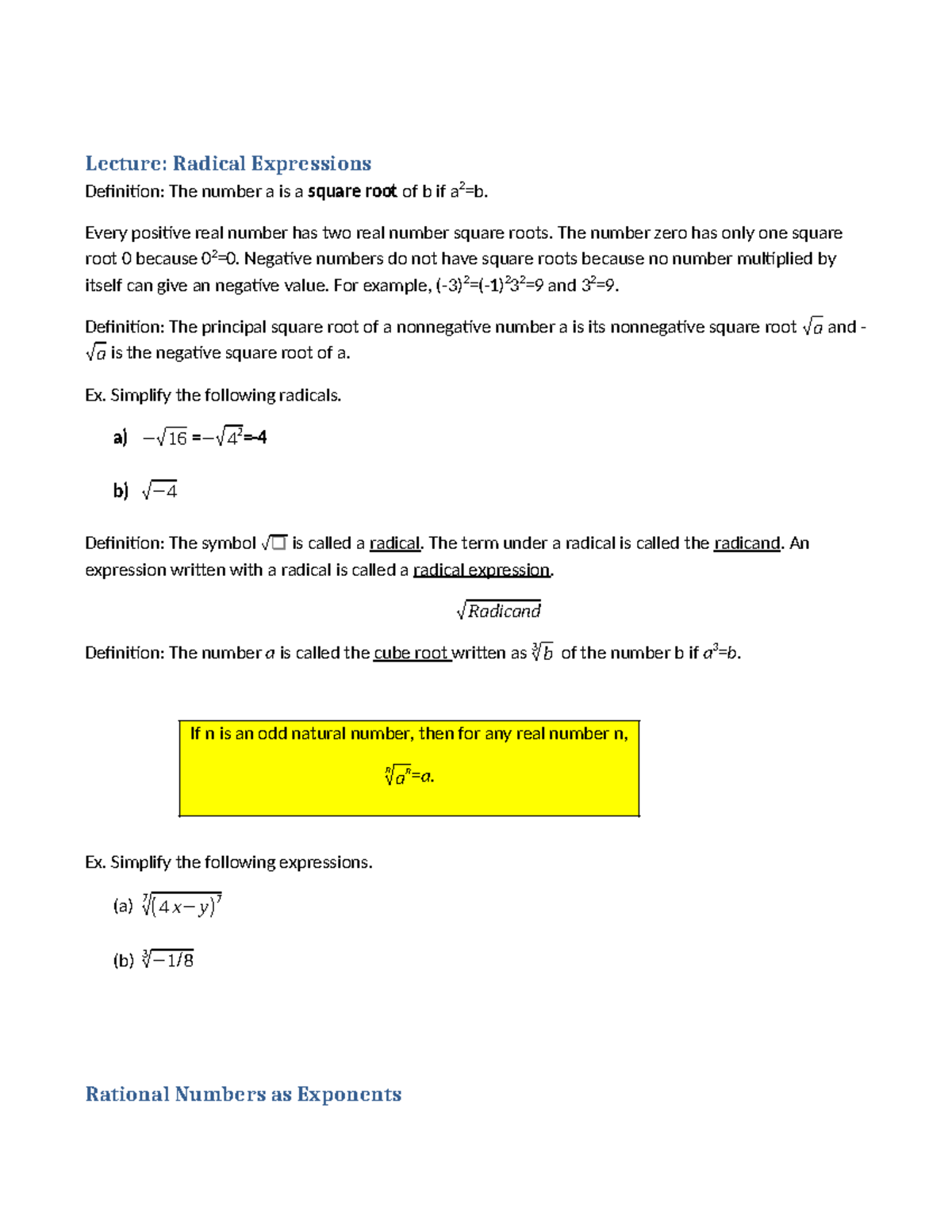 Intro to Radicals - Lecture: Radical Expressions ####### Definition ...