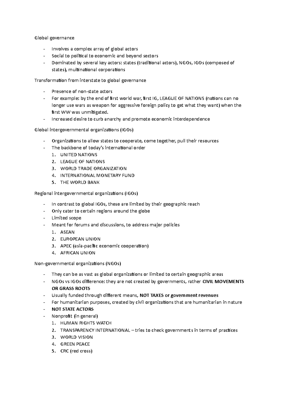 Global governance notes - Global governance Involves a complex array of ...