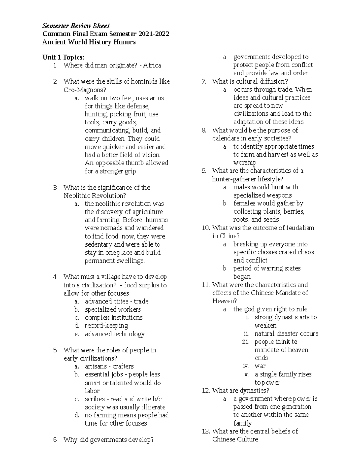 Copy of Semester Common Final Exam Review Sheet 2021-2022 - Semester ...