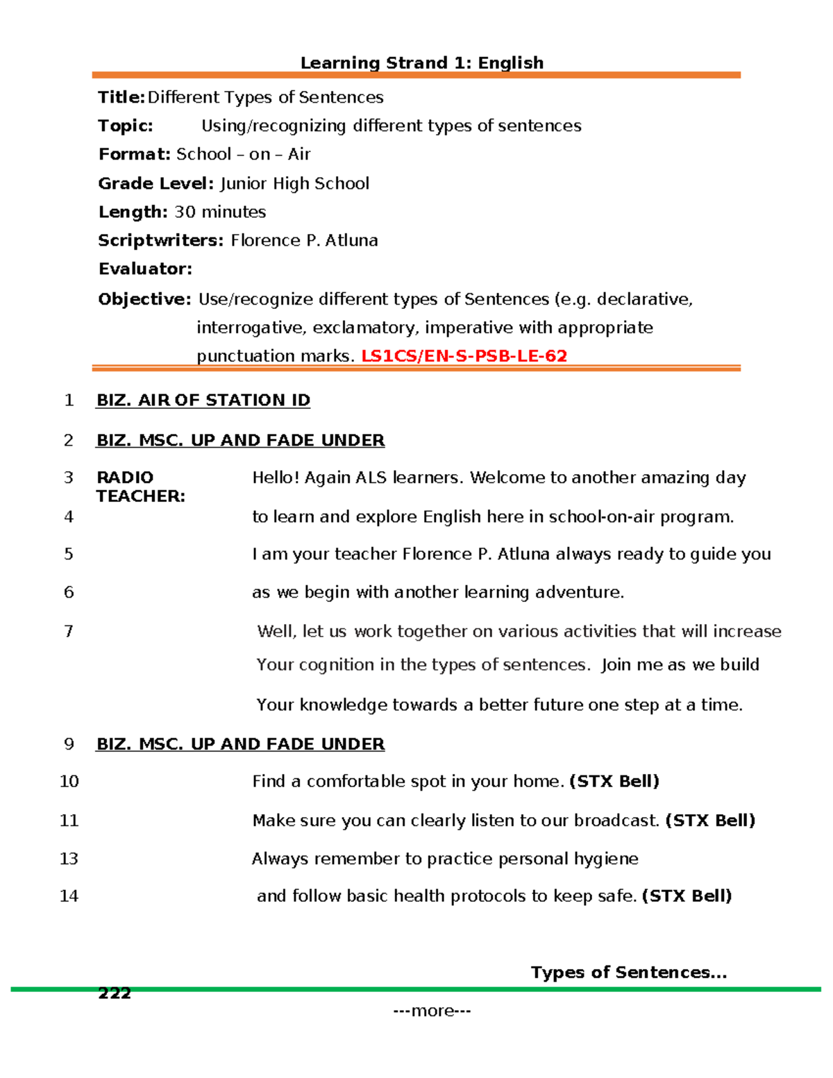 LS1 eng- kinds of sentences - Learning Strand 1: English Title ...