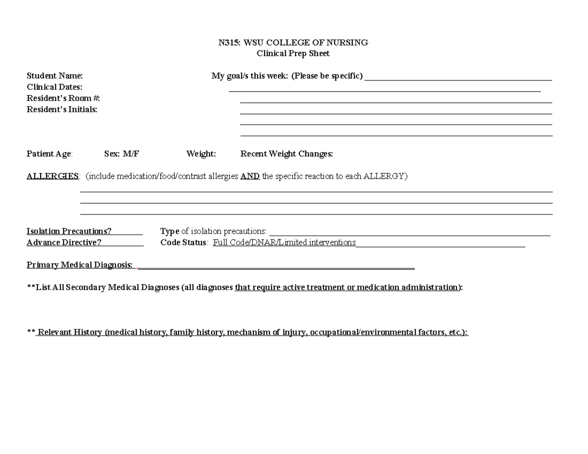 Clinical Prep template-8 copies+ - N315: WSU COLLEGE OF NURSING ...