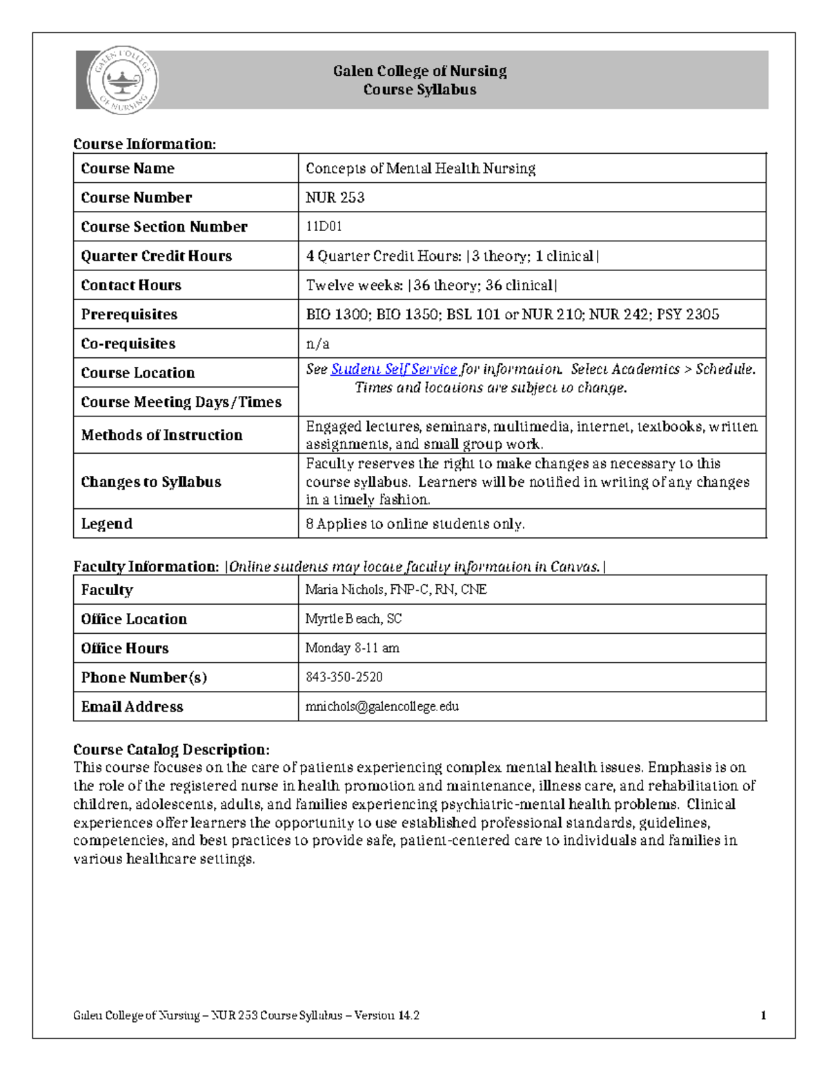 NUR 253 Syllabus Version Winter 2392923 - Galen College of Nursing ...