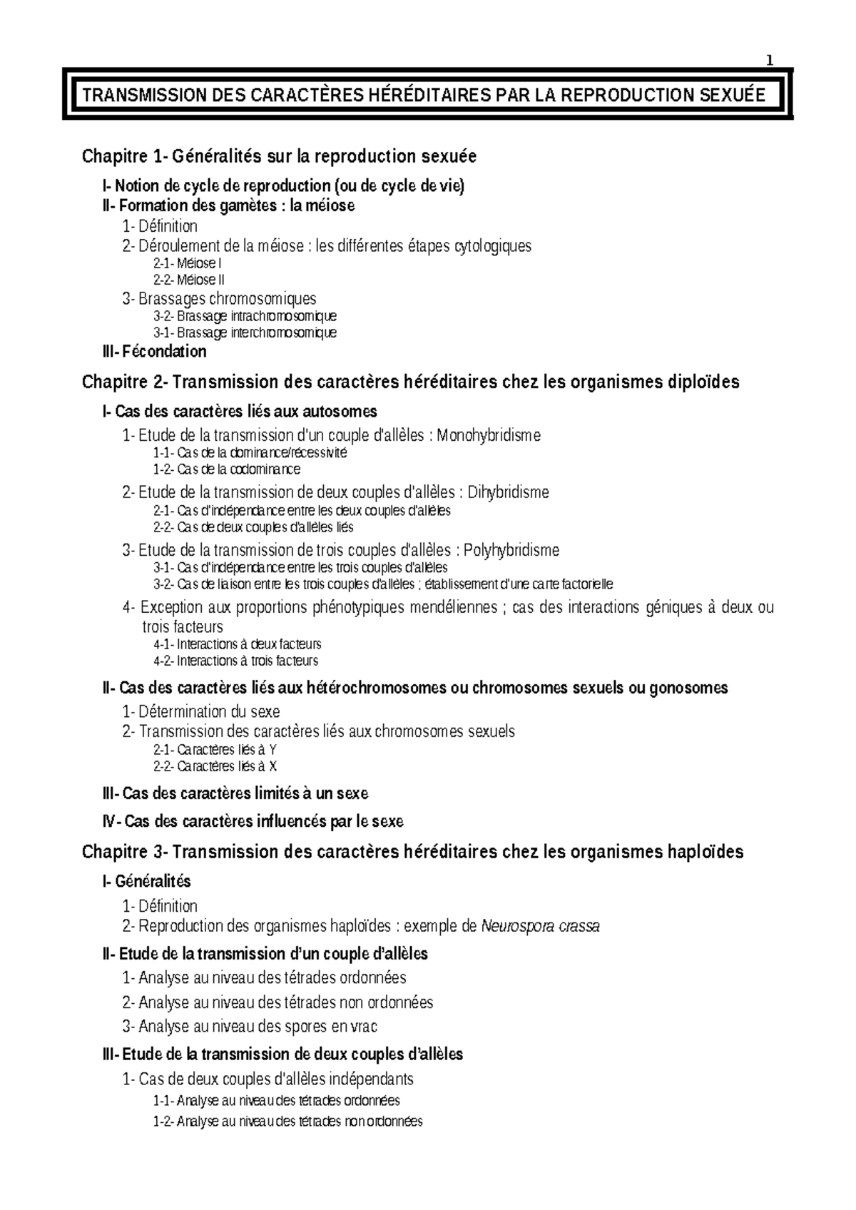 Licence génétique formelle - TRANSMISSION DES CARACTÈRES HÉRÉDITAIRES ...