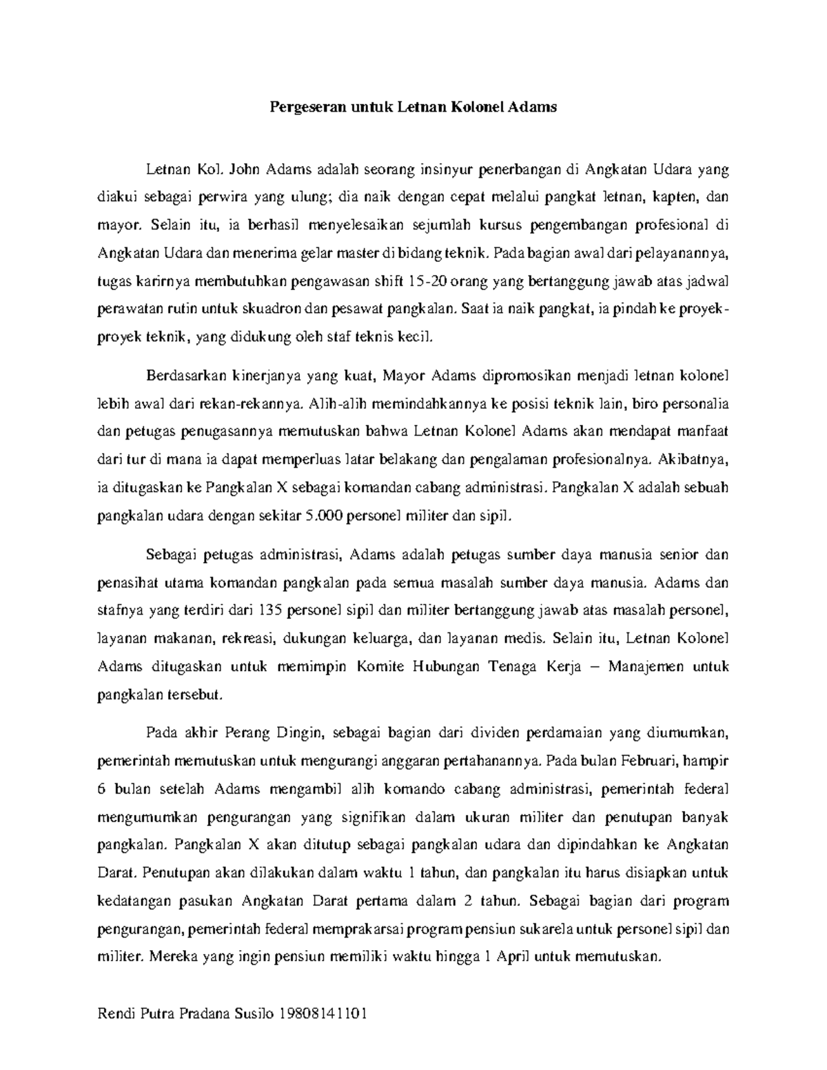 Tugas 4 Kepemimpinan - Pergeseran untuk Letnan Kolonel Adams Letnan Kol ...