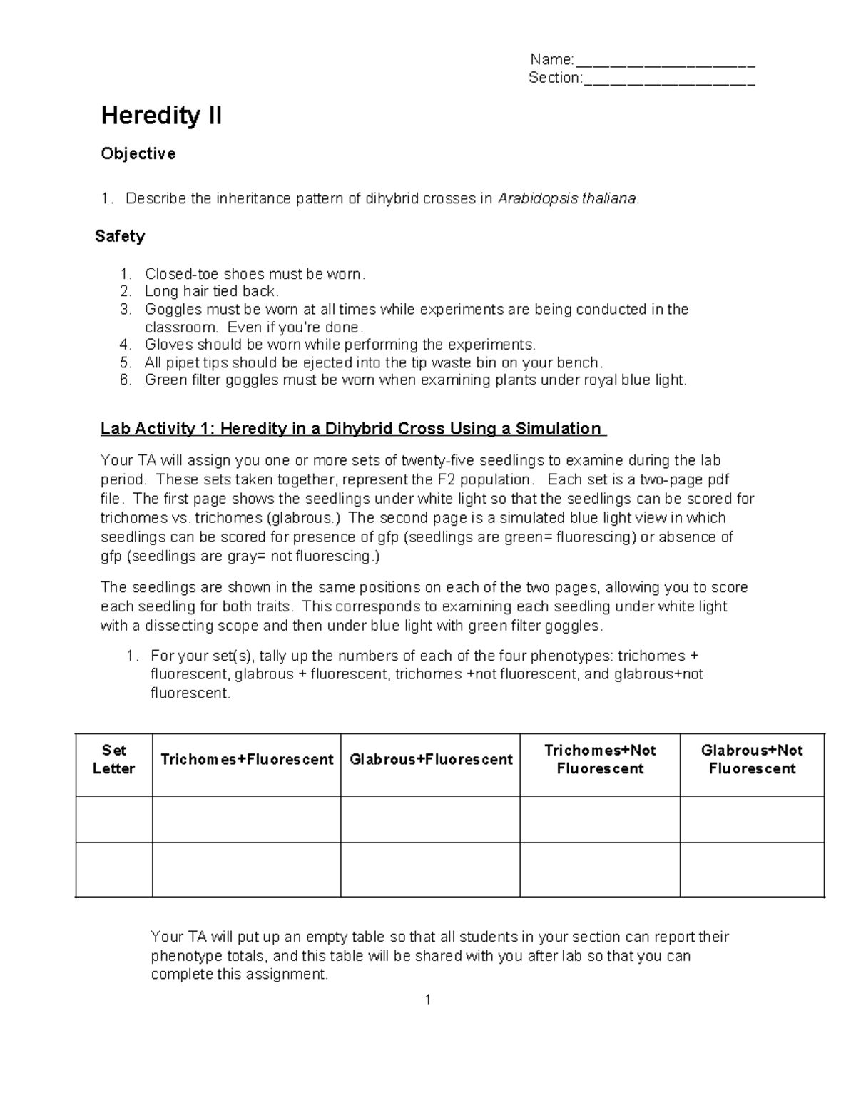 Heredity II v2 simulation - Tagged - Name:_____________________ Section