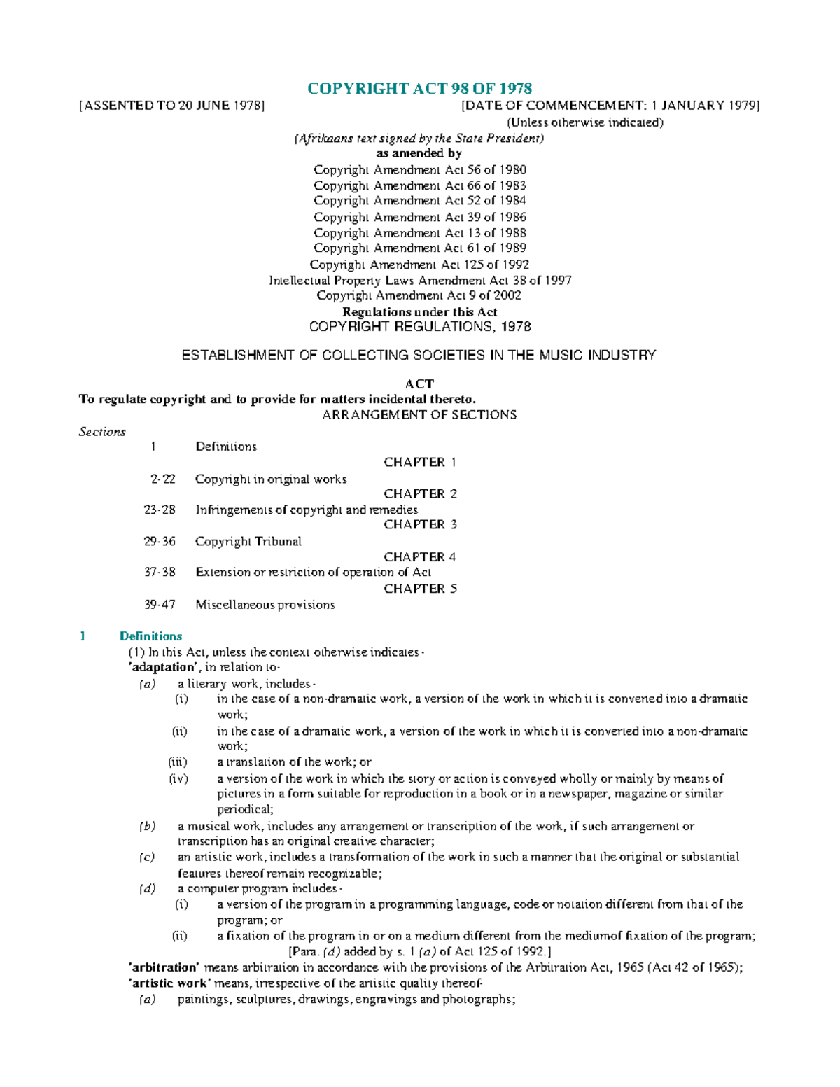 Copyright Act 98 of 1978 - COPYRIGHT ACT 98 OF 1978 [ASSENTED TO 20 ...