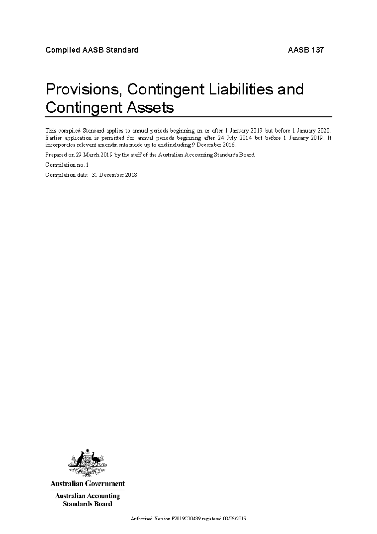 AASB137 Provision Contingent liability & Asset - Compiled AASB Standard ...