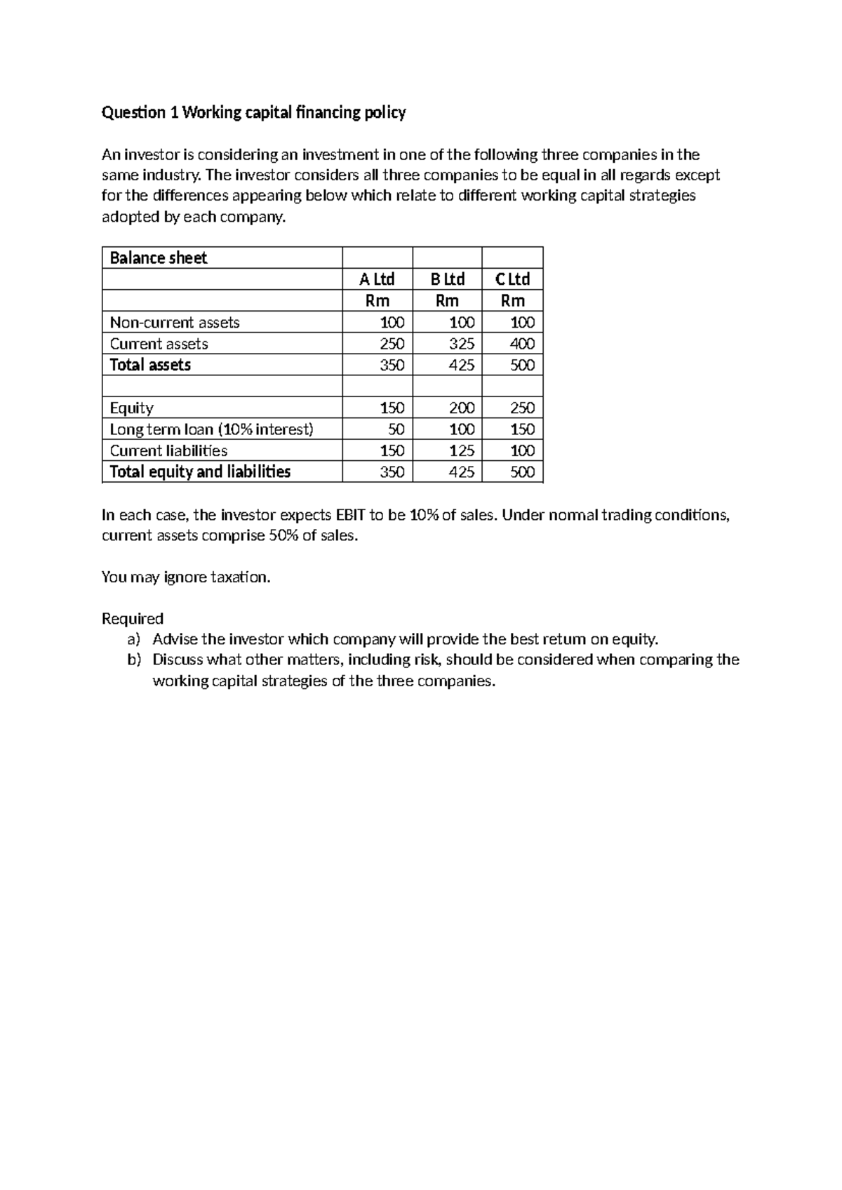 Lecture question - Main exam - Question 1 Working capital financing ...