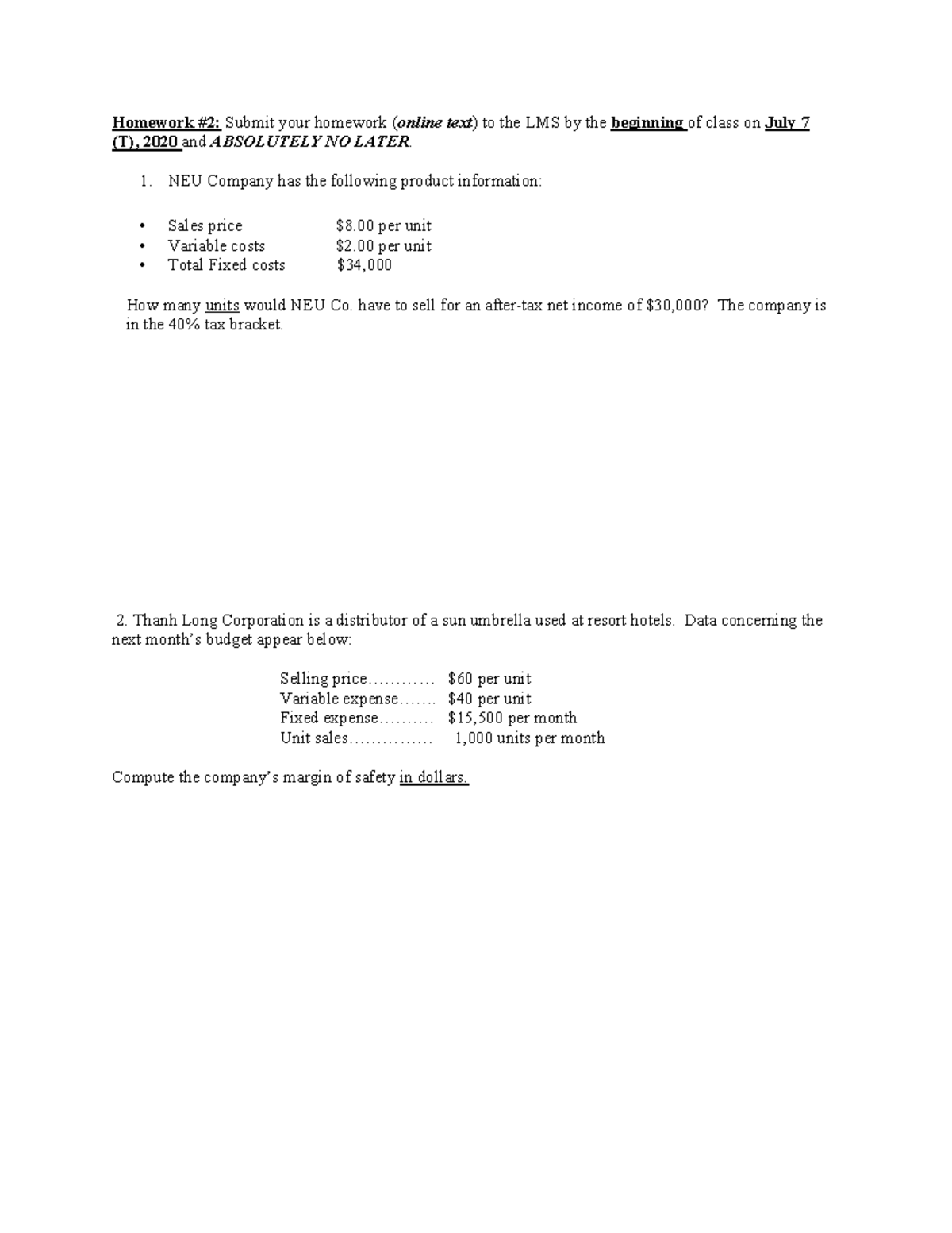 Homework#2 - exercise for cost accounting - Homework #2: Submit your ...