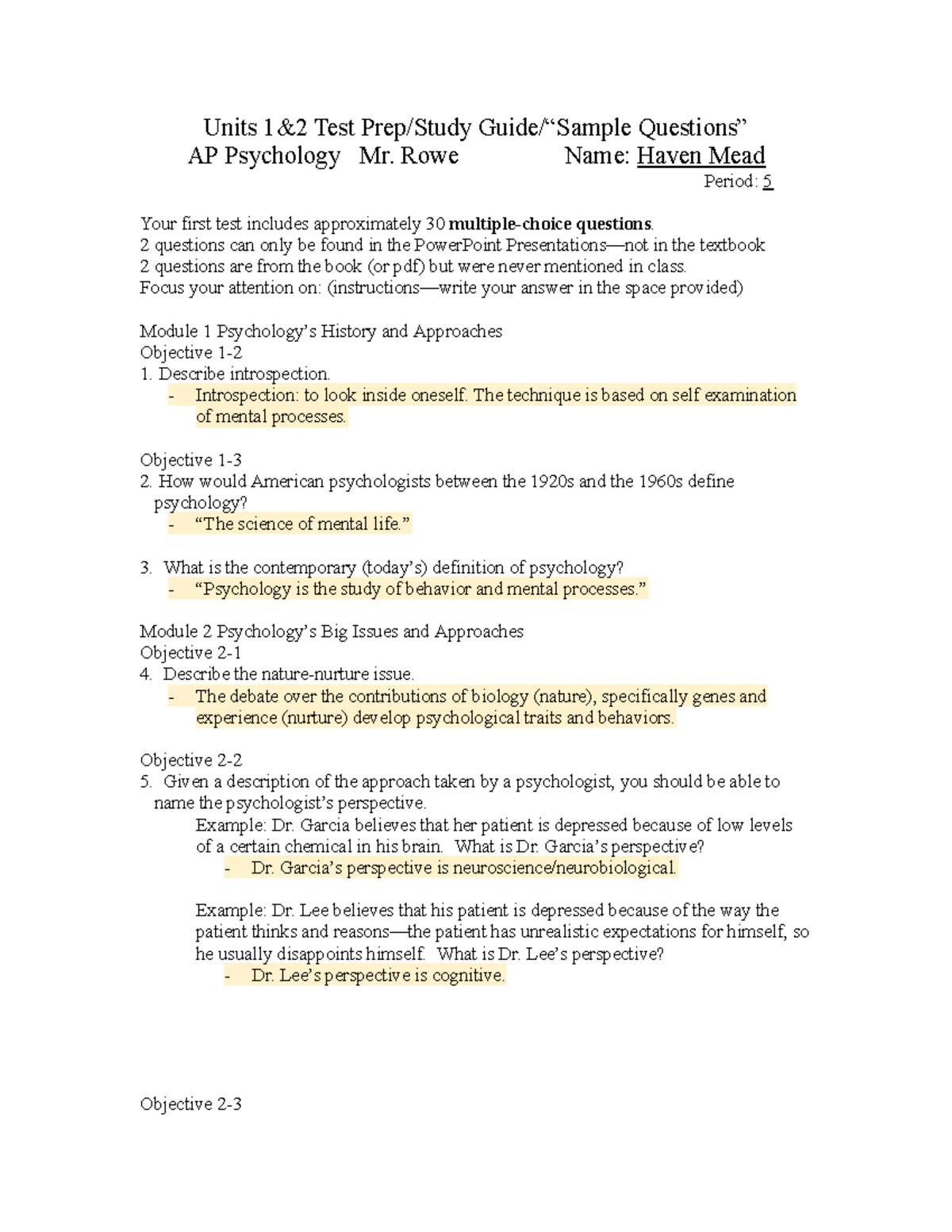Units 1 and 2 Study Guide AP Psych - Units 1&2 Test Prep/Study Guide ...