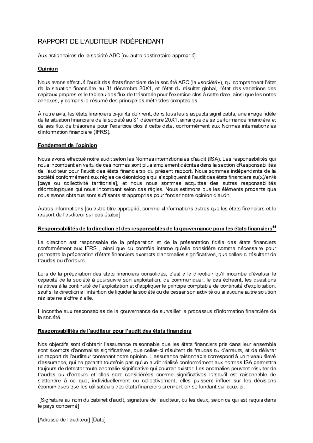 Modèle rapport IFAC - RAPPORT DE L’AUDITEUR INDÉPENDANT Aux ...