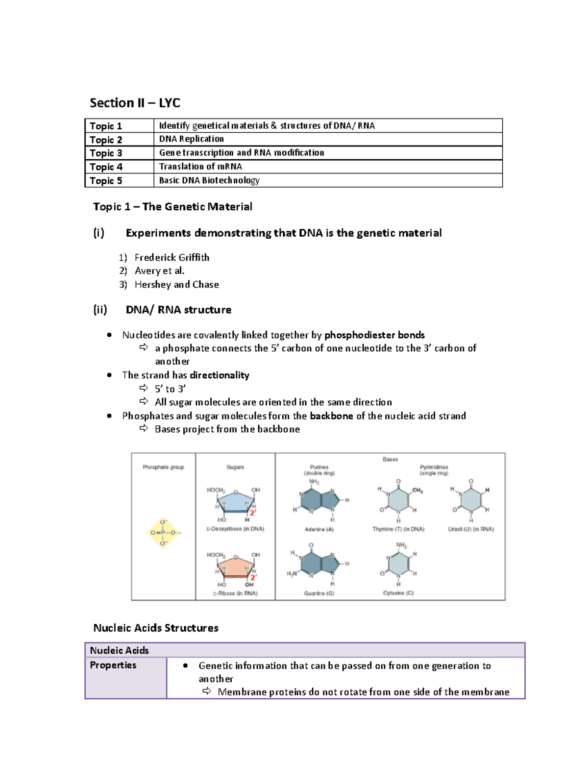 DNA Structure - Section II – LYC Topic 1 Identify genetical materials ...
