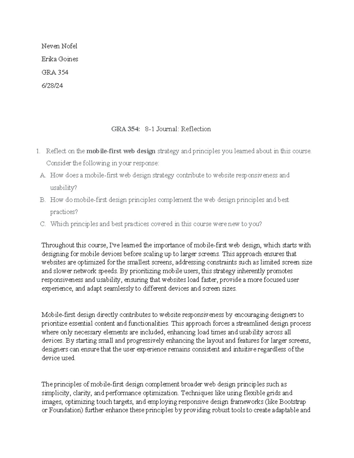 Assignment 8-1 - NONE - Neven Nofel Erika Goines GRA 354 6/28/ GRA 354: 8-1 Journal: Reflection ...