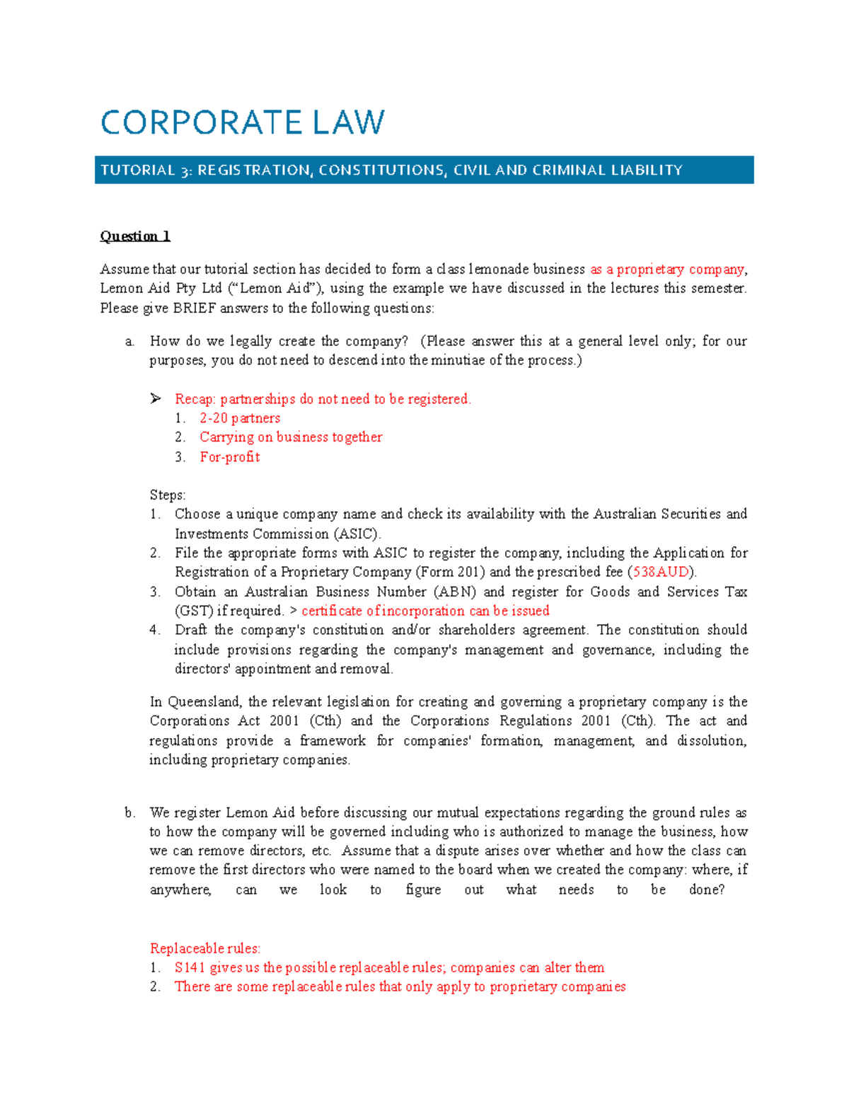 Corporate Law Tutorial 3 (Week 4) (Registration, Corporate Constitution, Corporate Liability ...