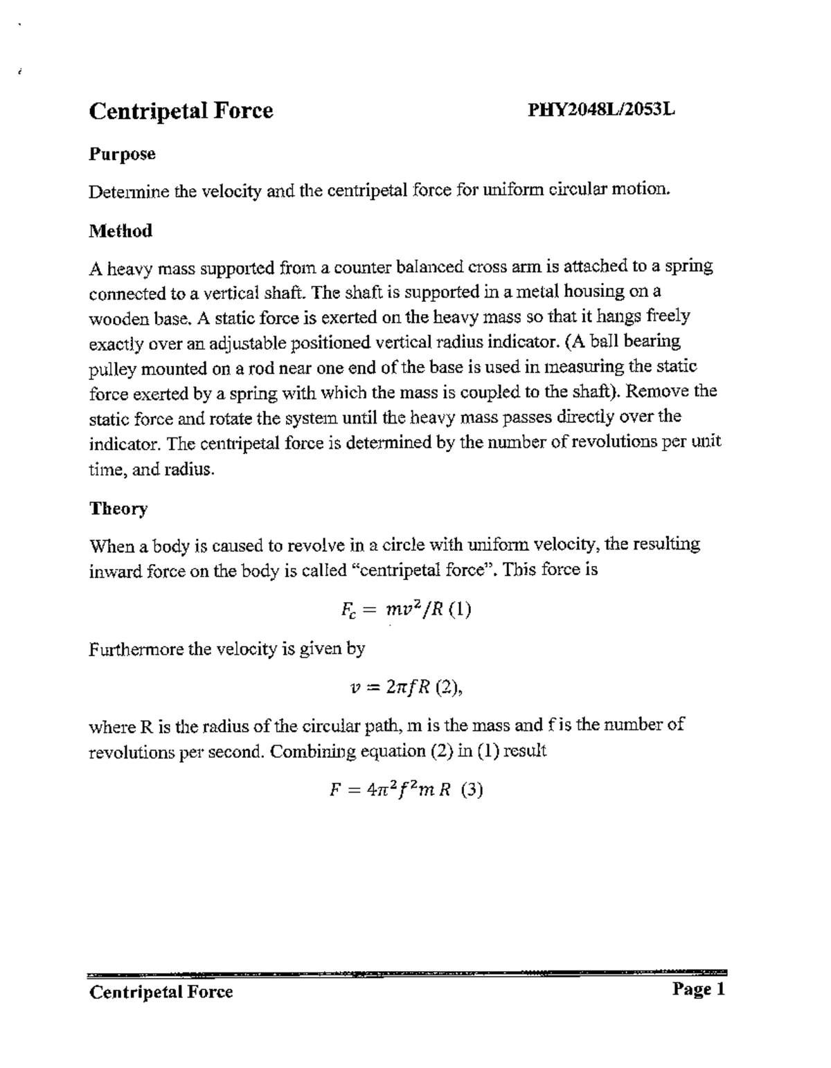 Centripetal Force 1 - PHY2048L - Studocu