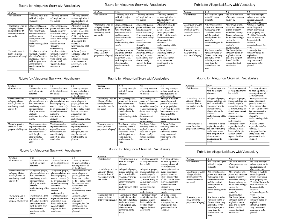 Allegory rubric - Bachelor of Secondary Education Major in English ...