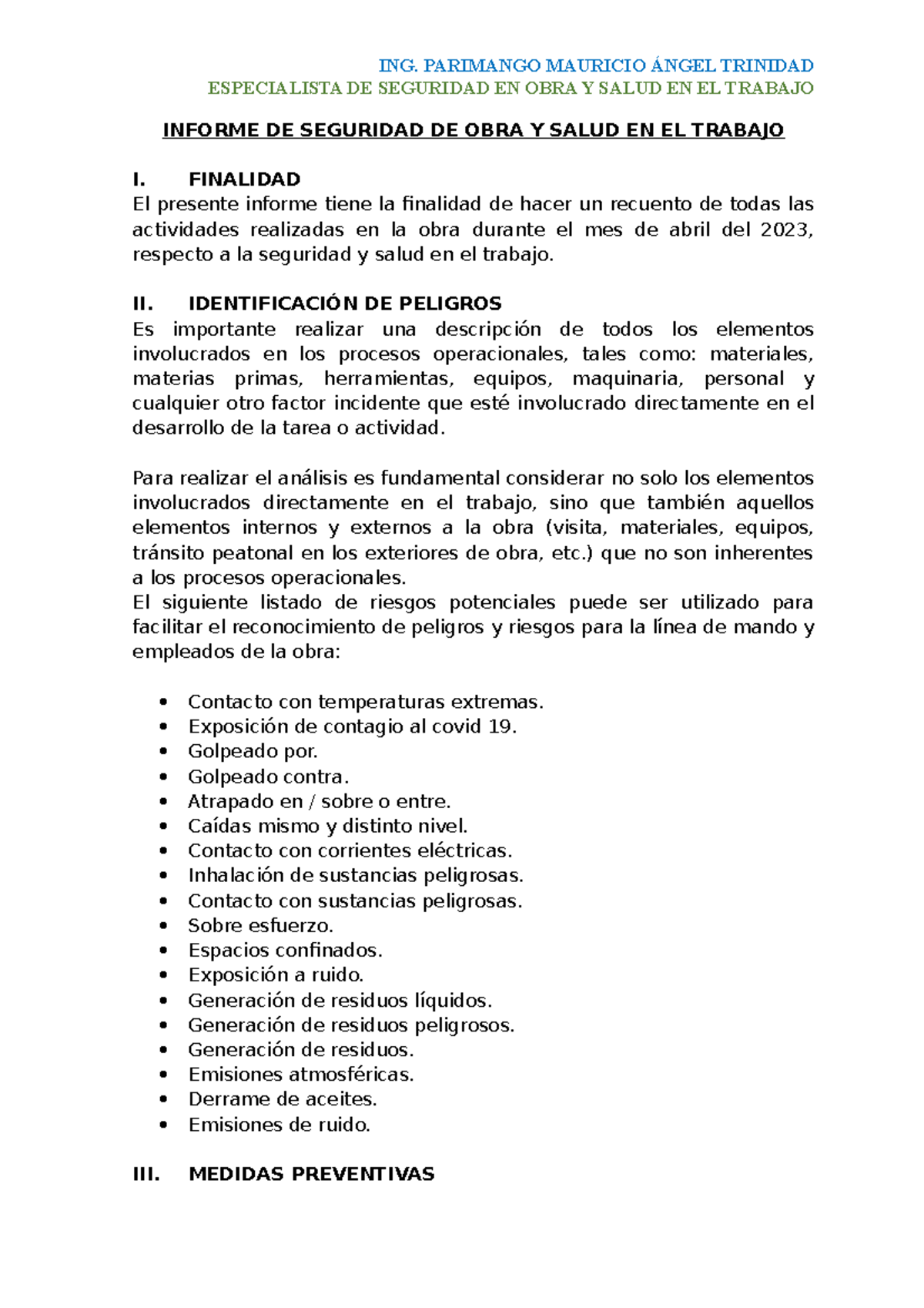 Informe DE Seguridad DE OBRA Y Salud EN EL Trabajo - contractual - ESPECIALISTA DE SEGURIDAD EN ...