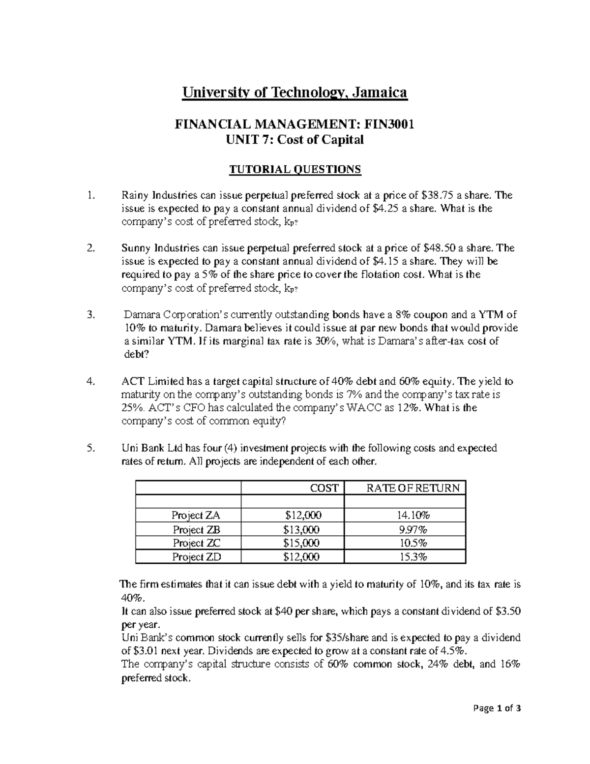 Fin Man Unit 7 Tutorial Cost of Capital Revised Sep2021 - Financial ...