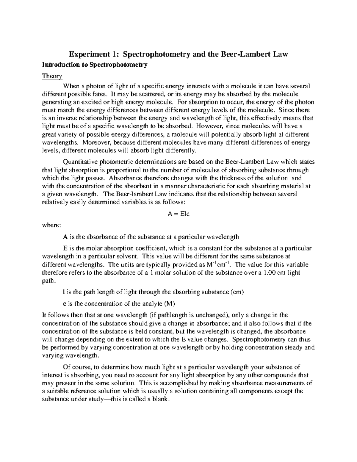 Experiment 1 S21 - Lab 1 - Experiment 1: Spectrophotometry and the Beer ...