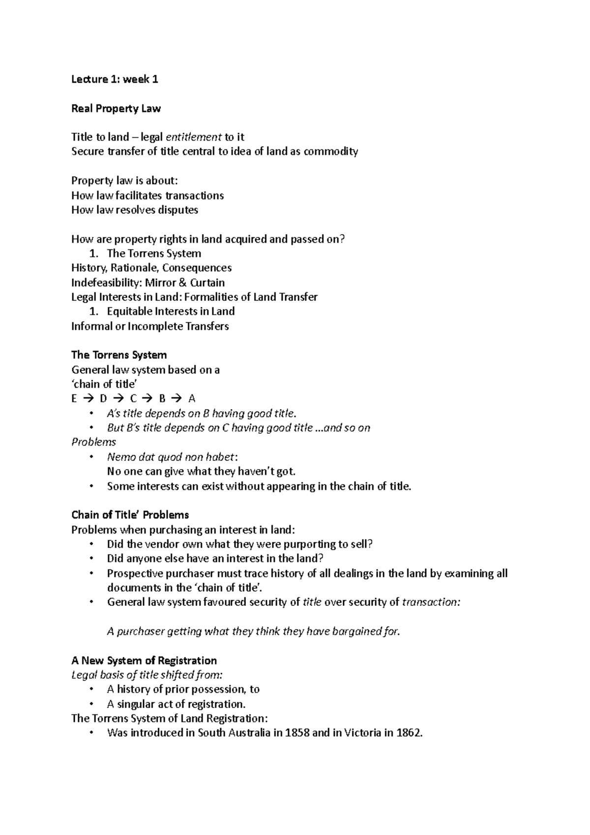 Real Property - Lecture Notes - Lecture 1: week 1 Real Property Law ...