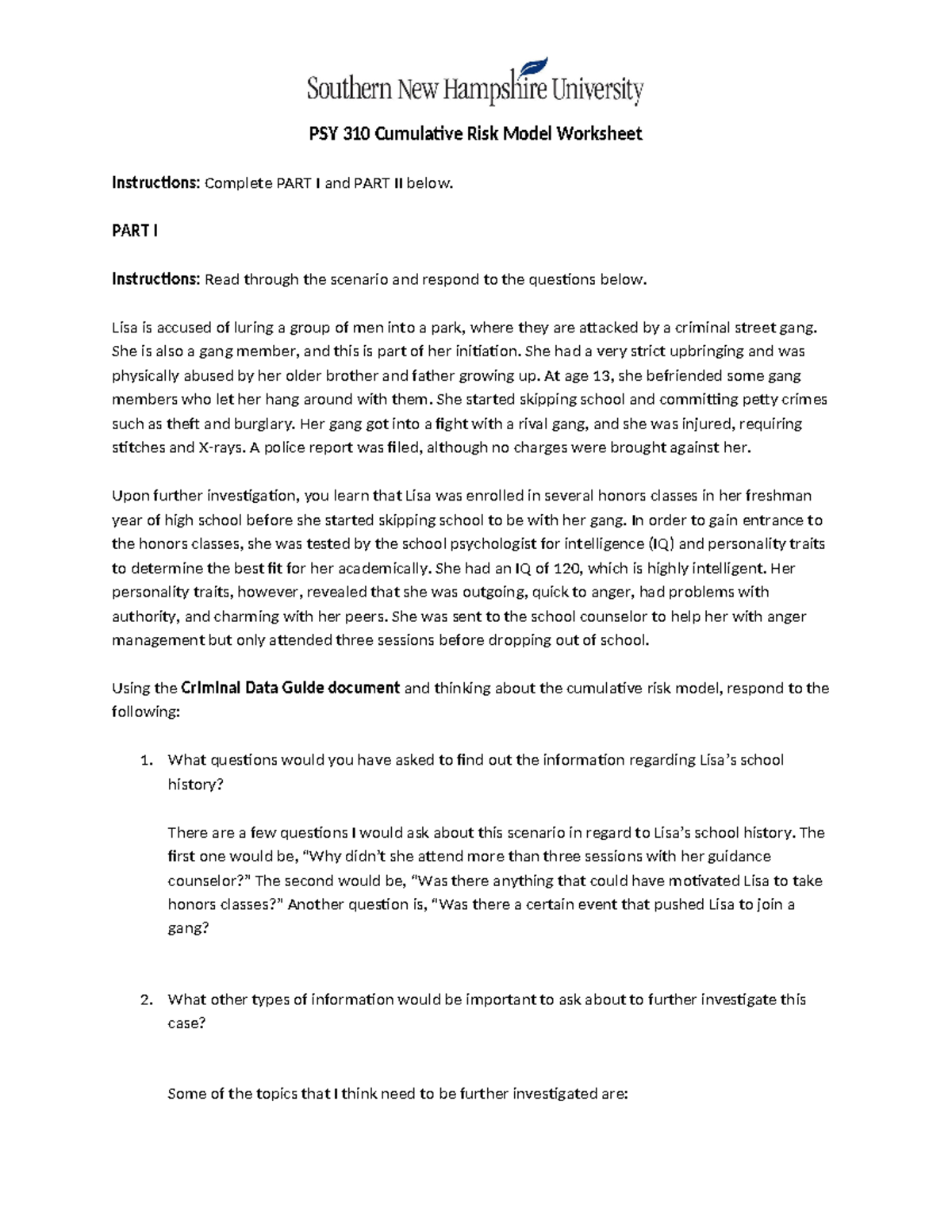 PSY 310 Cumulative Risk Model Worksheet - PSY 310 Cumulative Risk Model Worksheet Instructions ...