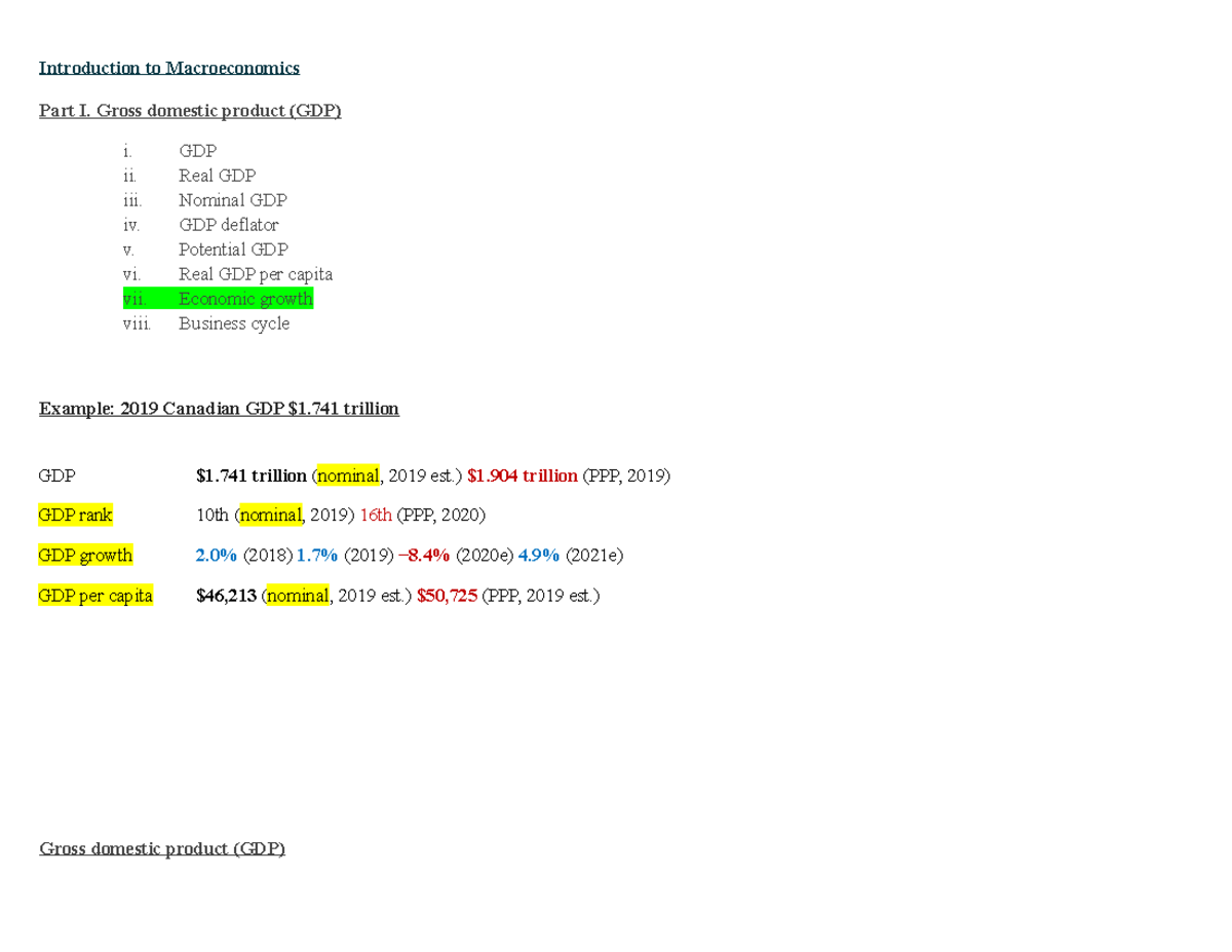 GDP - ECON 203 lecture note - Introduction to Macroeconomics Part I ...