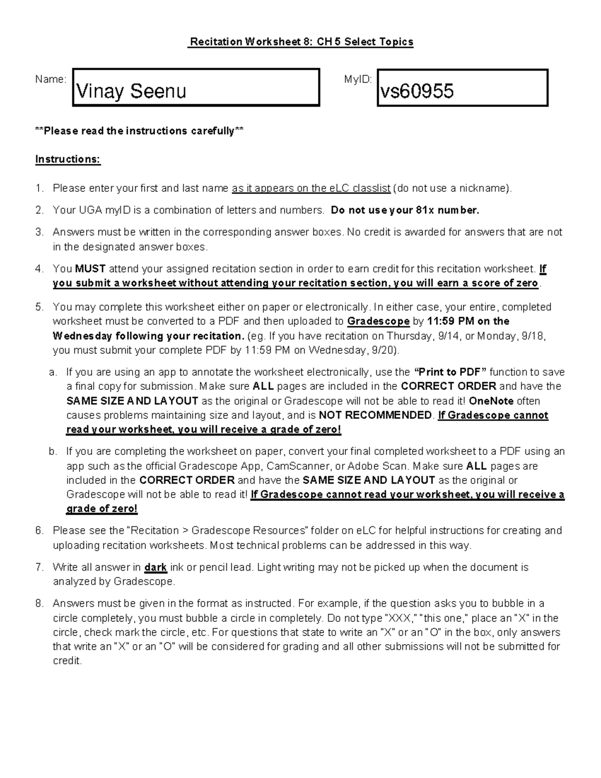 CHEM 2211 Recitation 08 (CH 15 Select Topics) - ####### Recitation Worksheet 8: CH 5 Select ...