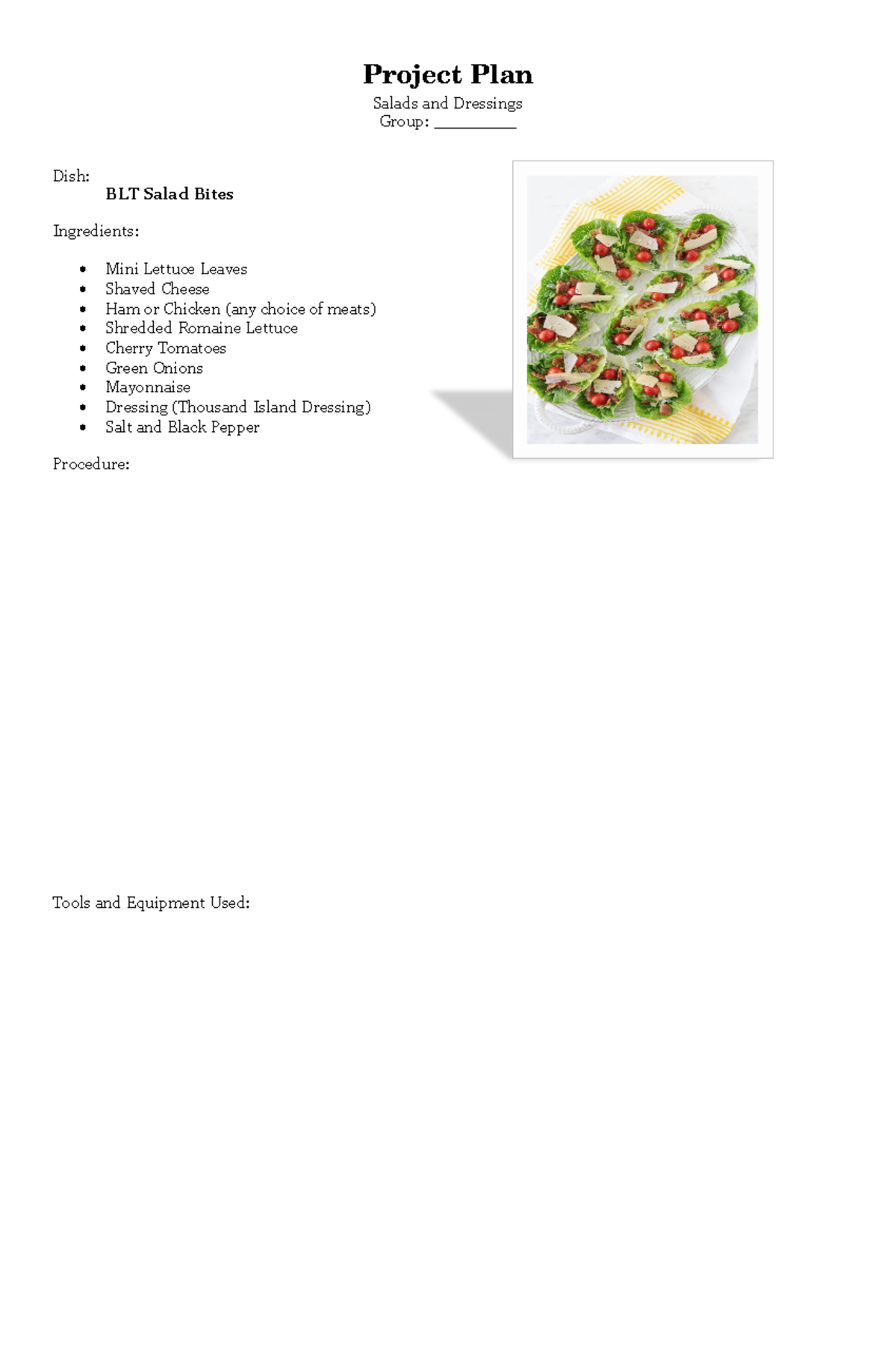 Project-Plan 1 Cookery - Proje ct Pla n Salads and Dressings Group ...