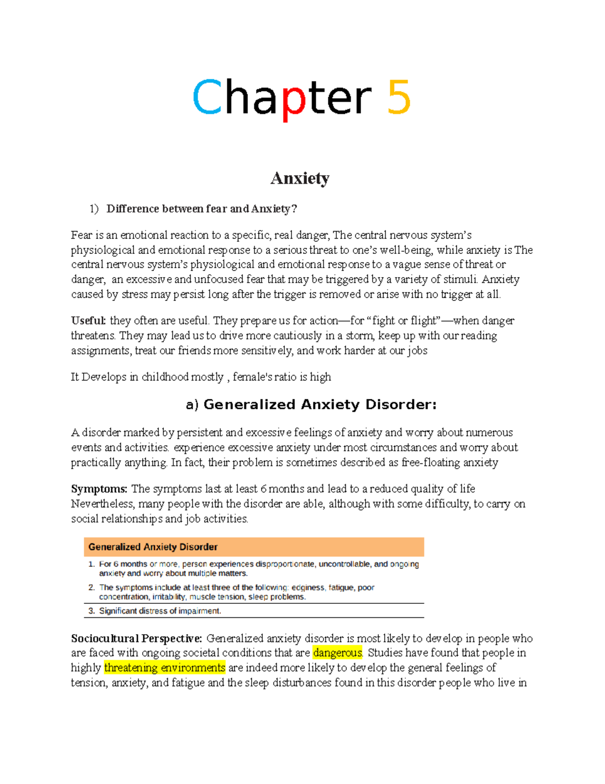Document 13 - Chapter 5 Anxiety 1) Difference between fear and Anxiety ...
