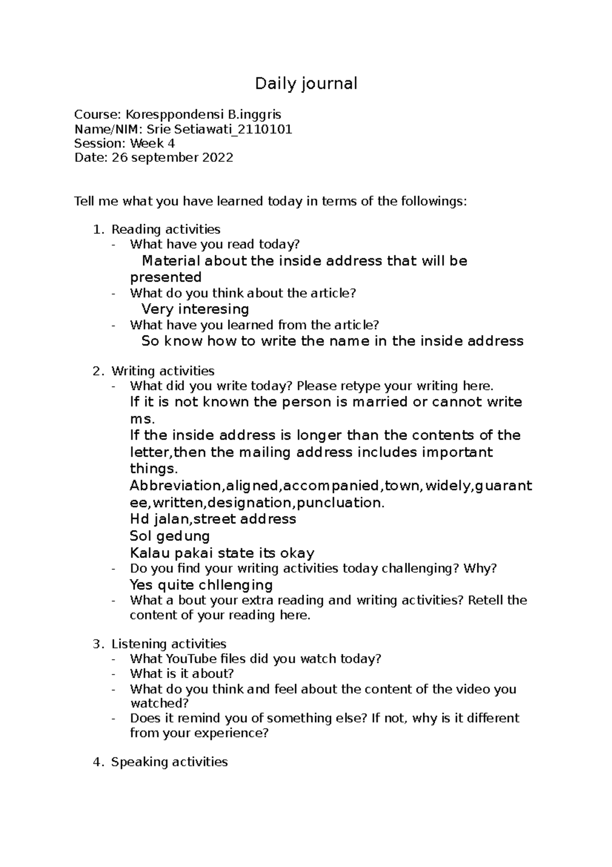 Daily journal at English Course to reflect student's understanding ...