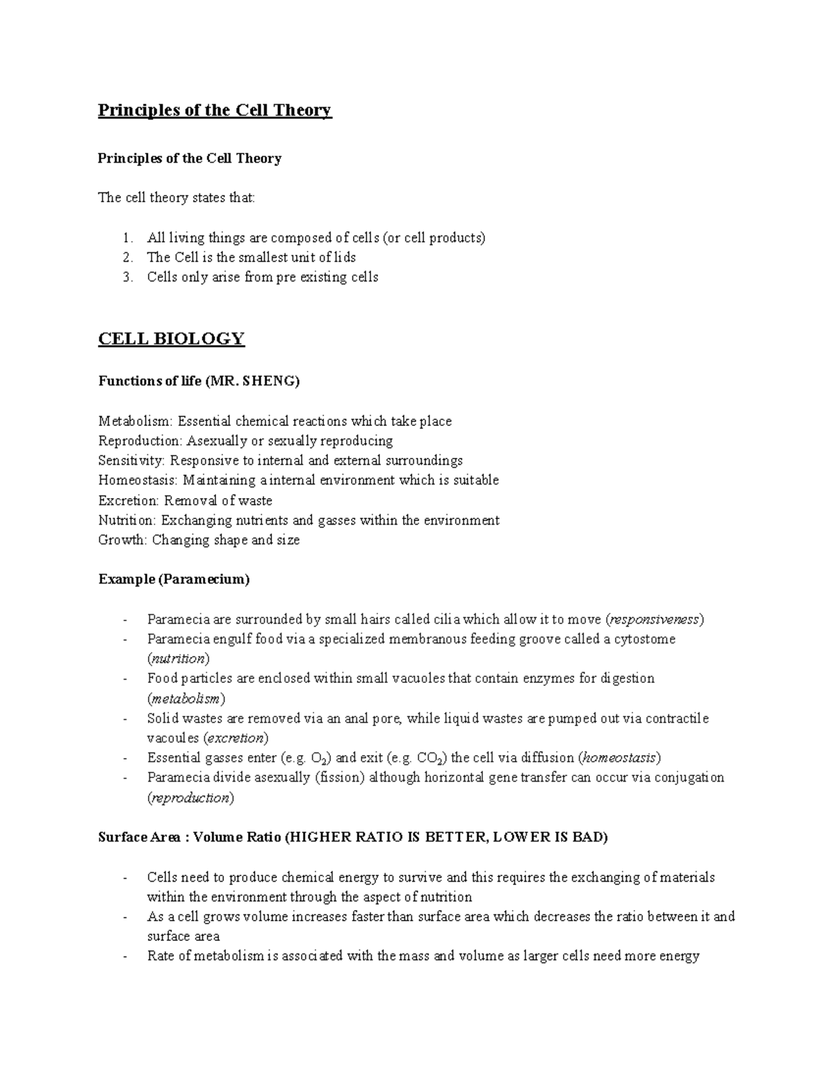 Intro to Cell Biology - Principles of the Cell Theory Principles of the ...