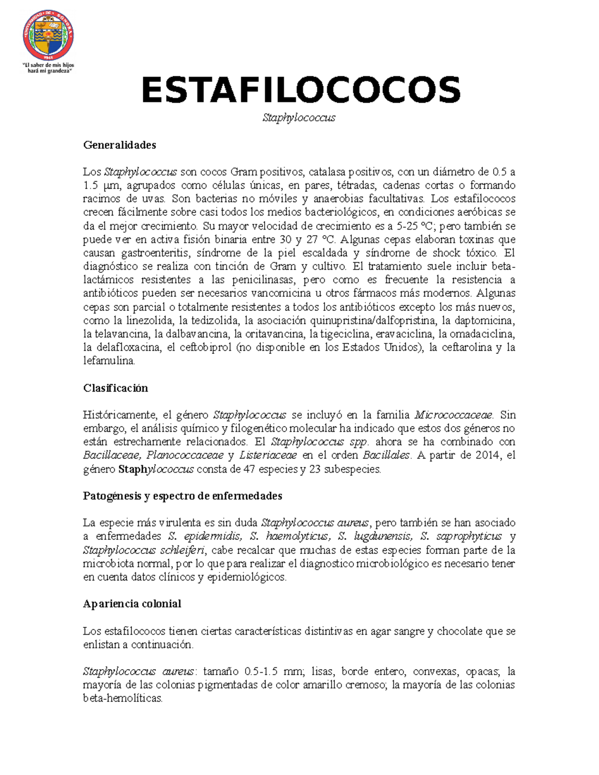Generalidades sobre los estafilococos - ESTAFILOCOCOS Staphylococcus ...
