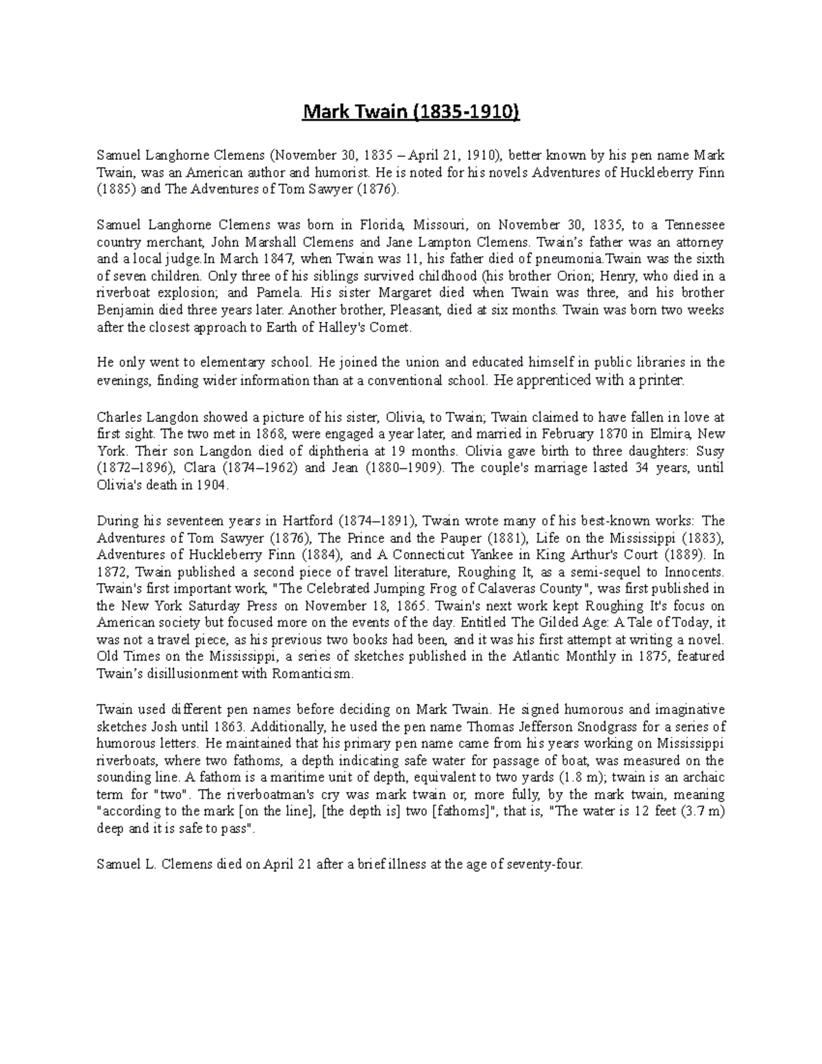 Mark Twain - Summary - Mark Twain (1835-1910) Samuel Langhorne Clemens ...
