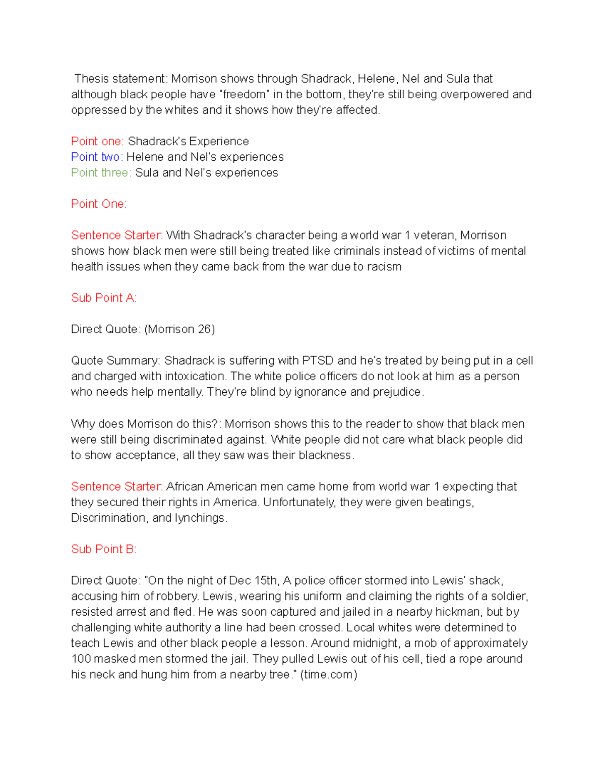 Sentence Outline - Thesis statement: Morrison shows through Shadrack ...