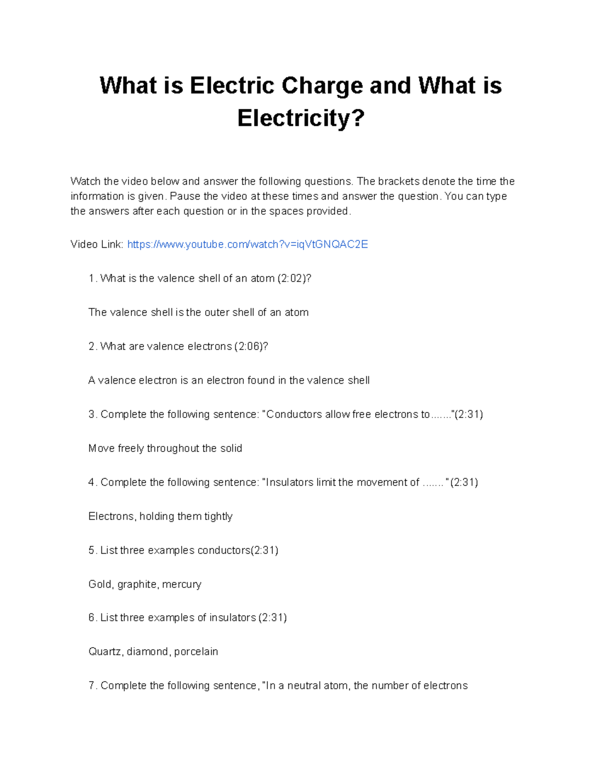 Copy of What is Electric Charge and What is Electricity - Worksheet ...