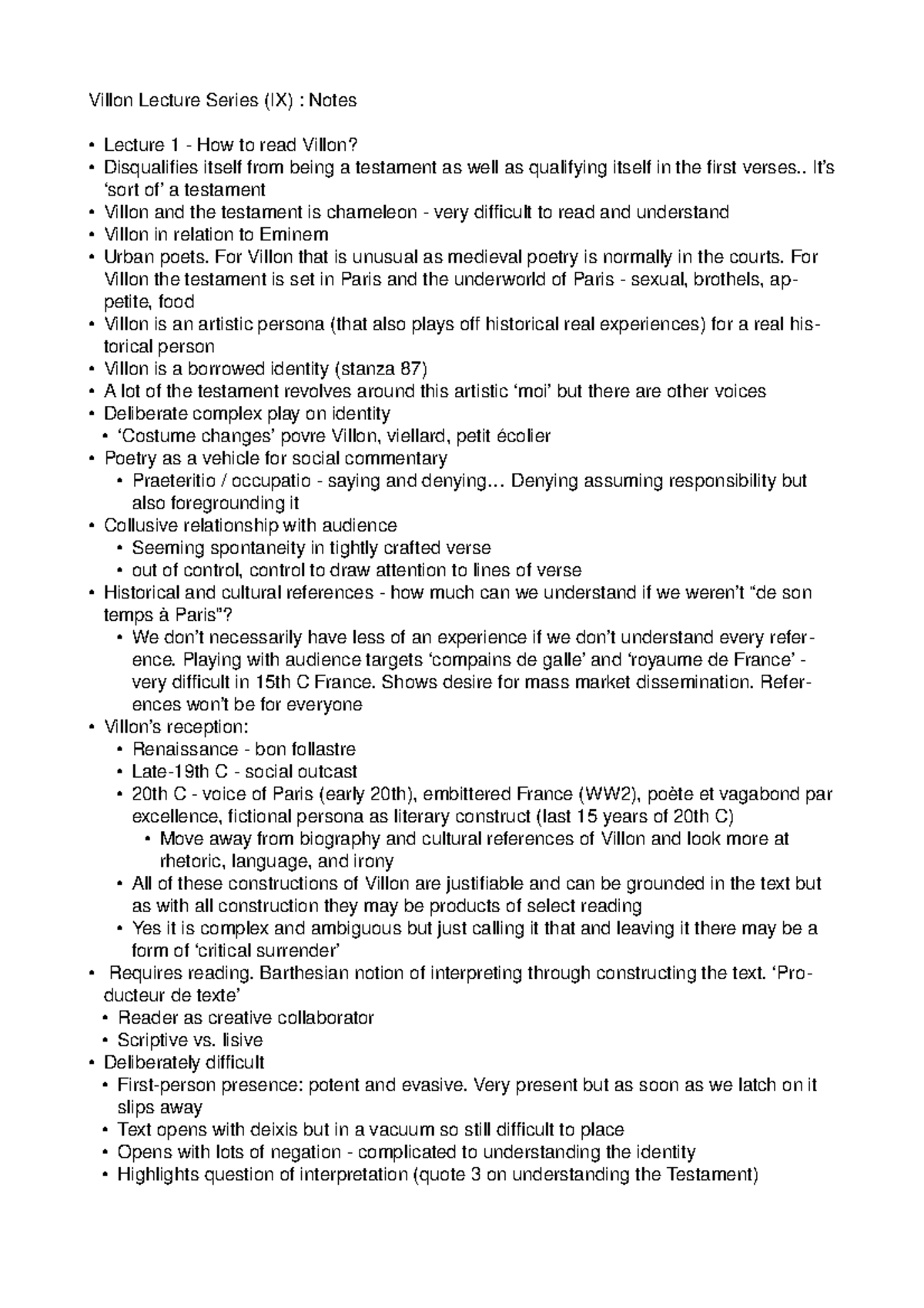 François Villon Lecture Series - Villon Lecture Series (IX) : Notes ...