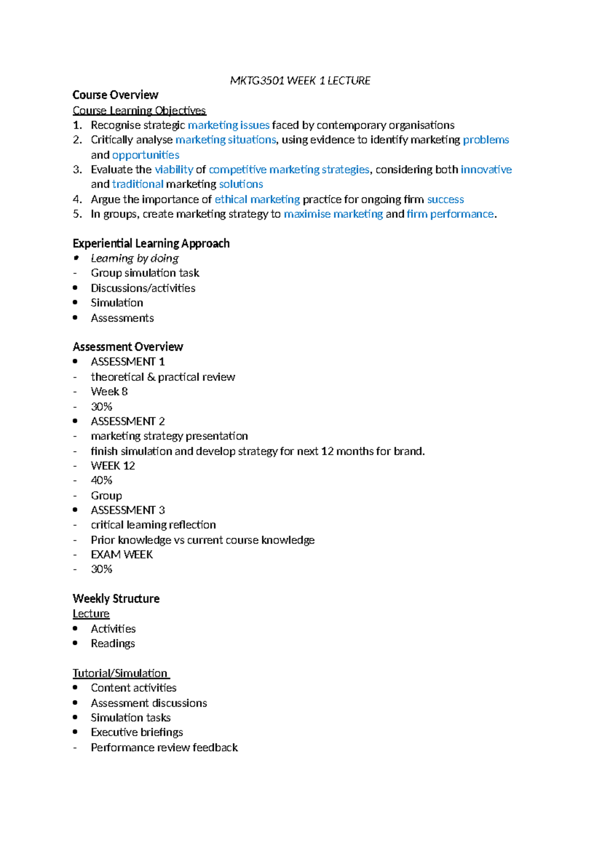 Lecture 1 Notes - MKTG3501 WEEK 1 LECTURE Course Overview Course ...