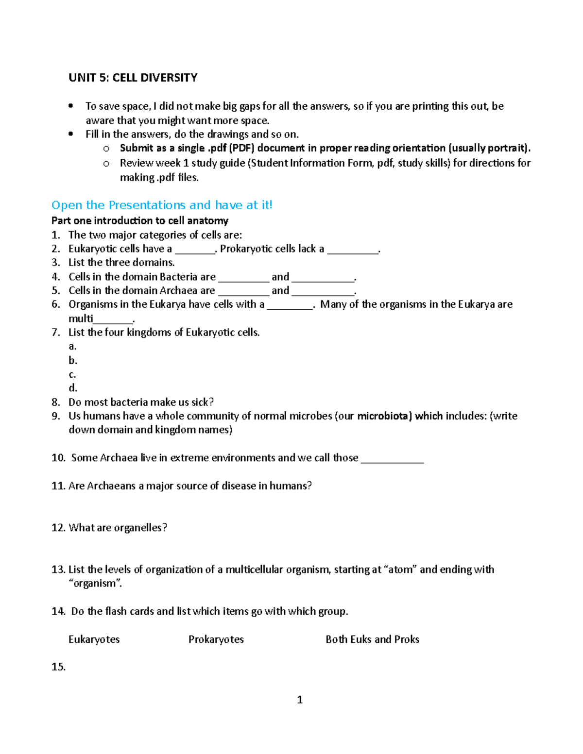 Bio 1140L Unit 5 Study Guide 11-22-20 - UNIT 5: CELL DIVERSITY To save ...