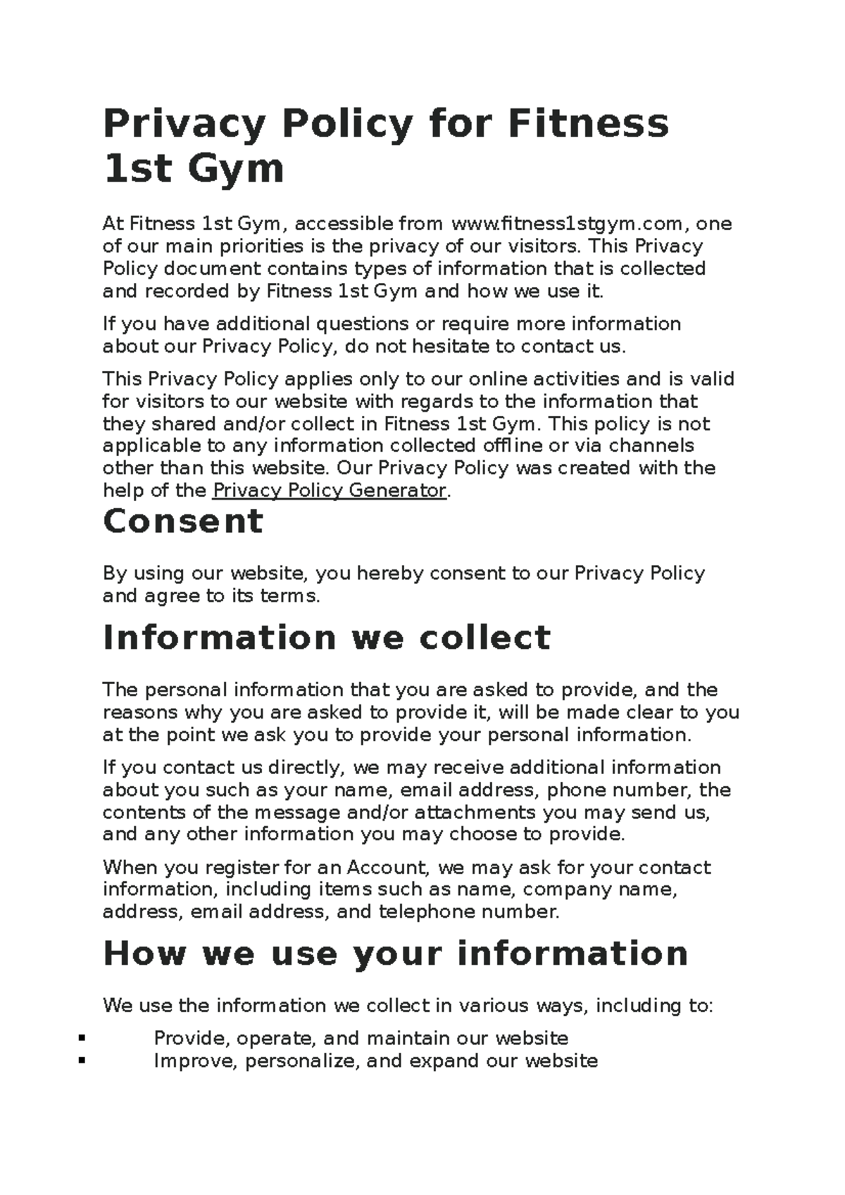 Privacy Policy for Fitness 1st Gym - Privacy Policy for Fitness 1st Gym ...