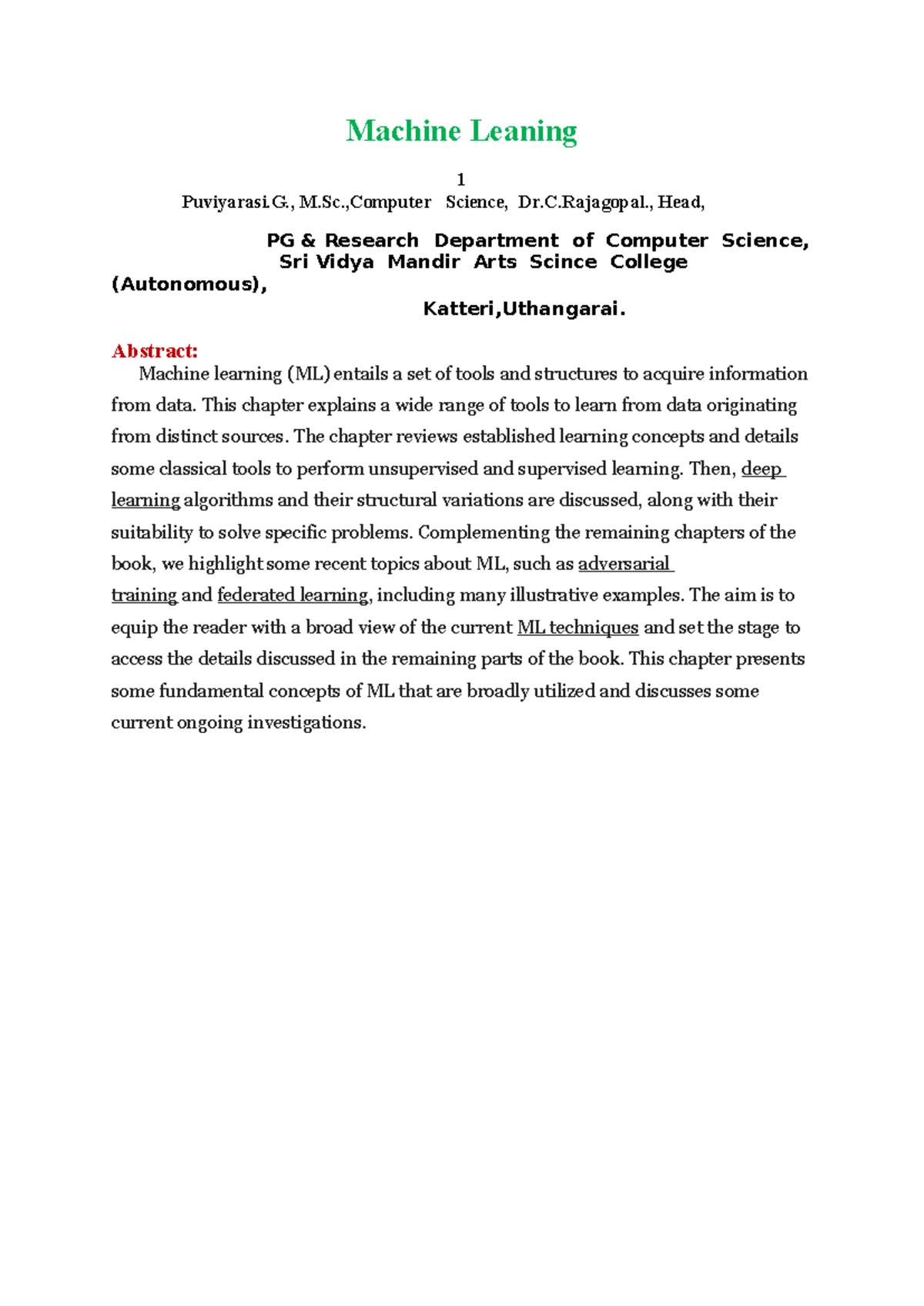 Machine Leaning - meachine learning - Machine Leaning 1 Puviyarasi., M ...