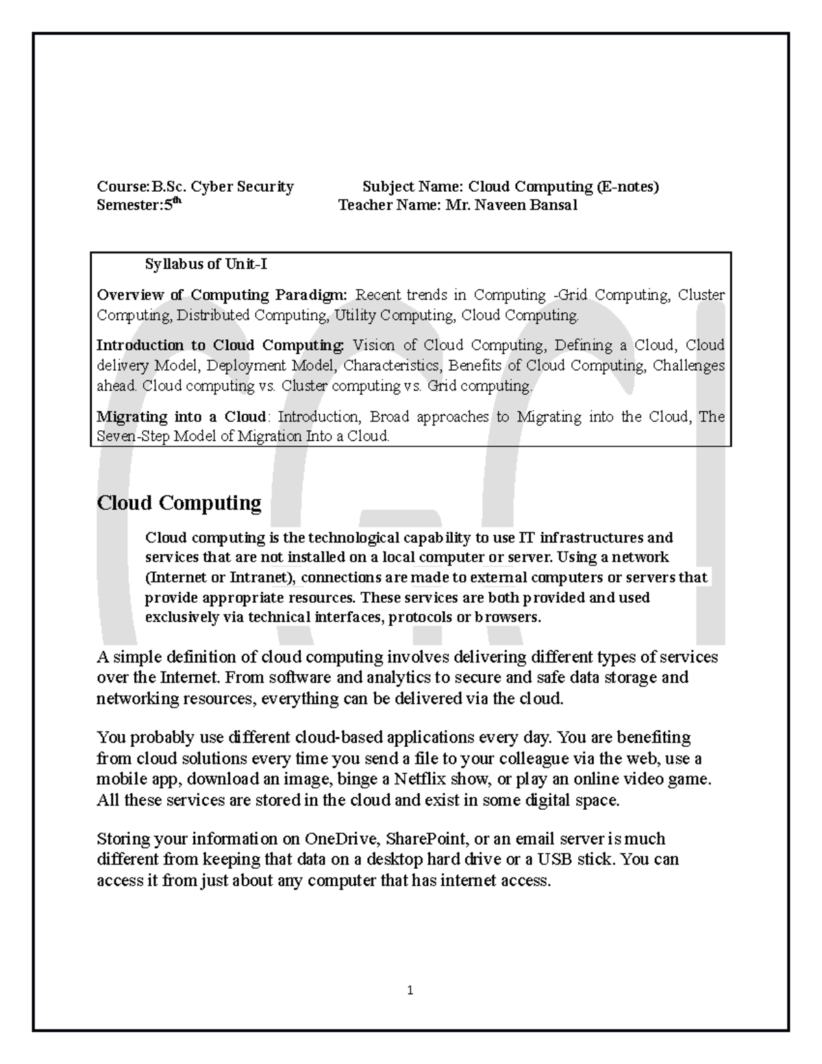 Unit-1 notes of CC - Course:B. Cyber Security Subject Name: Cloud ...