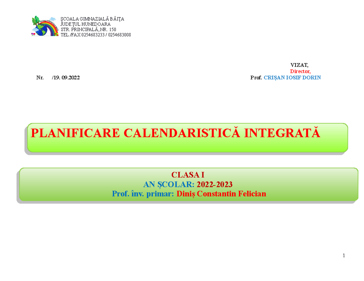 Planificare calendaristica clasa i auxiliare editura edu hunedoara ...